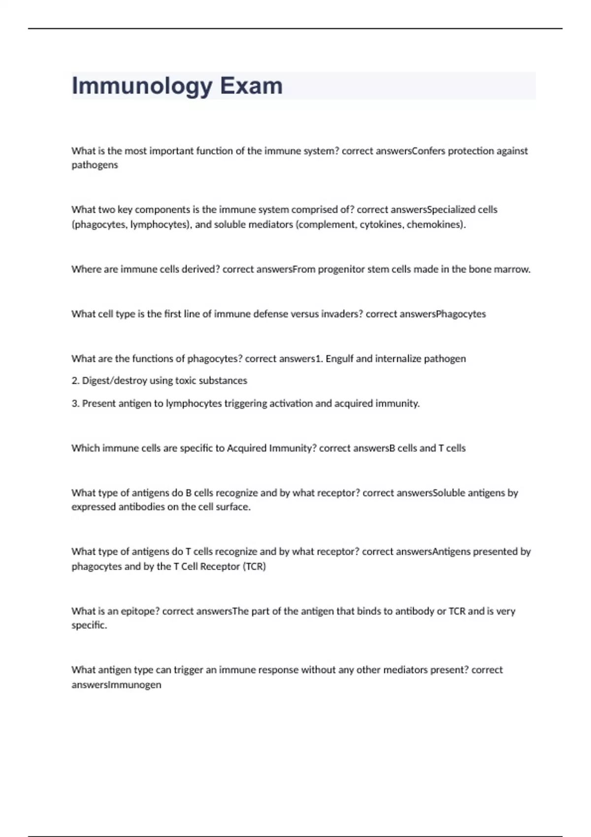 Immunology Exam 2023/2024 with complete solutions - Immunology Ex - Stuvia US