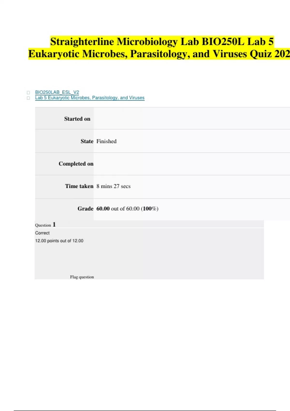 Straighterline Microbiology Lab BIO250L Lab 5 Eukaryotic Microbes, Parasitology, and Viruses ...