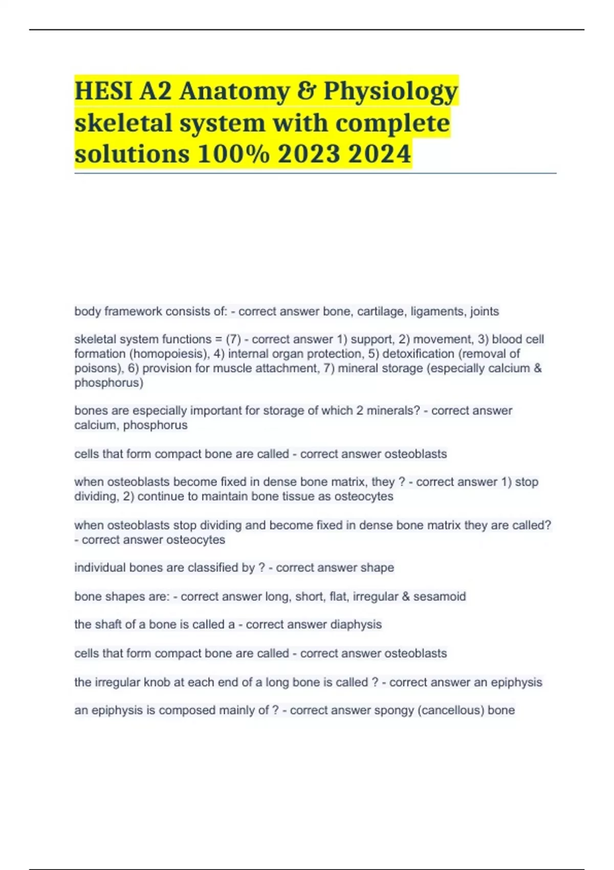 HESI A2 Anatomy & Physiology skeletal system with complete solutions ...