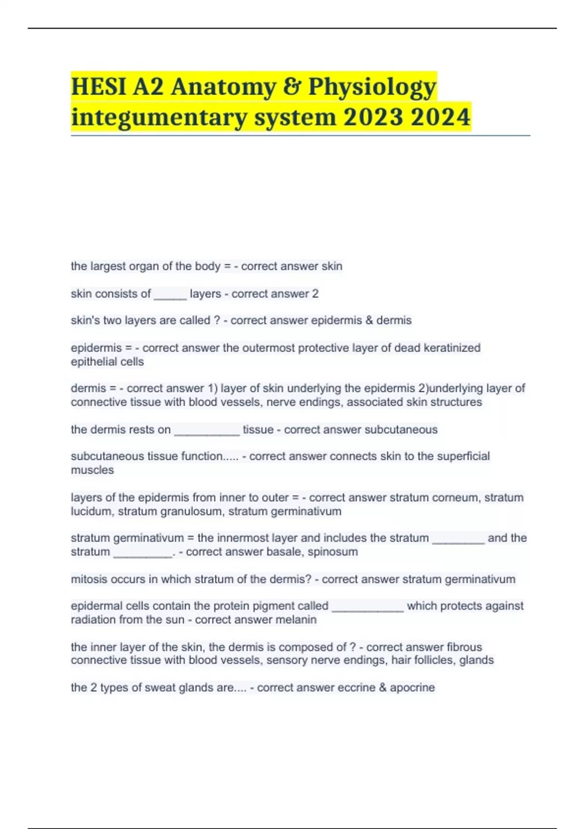 HESI A2 Anatomy & Physiology integumentary system - Hesi - Stuvia US