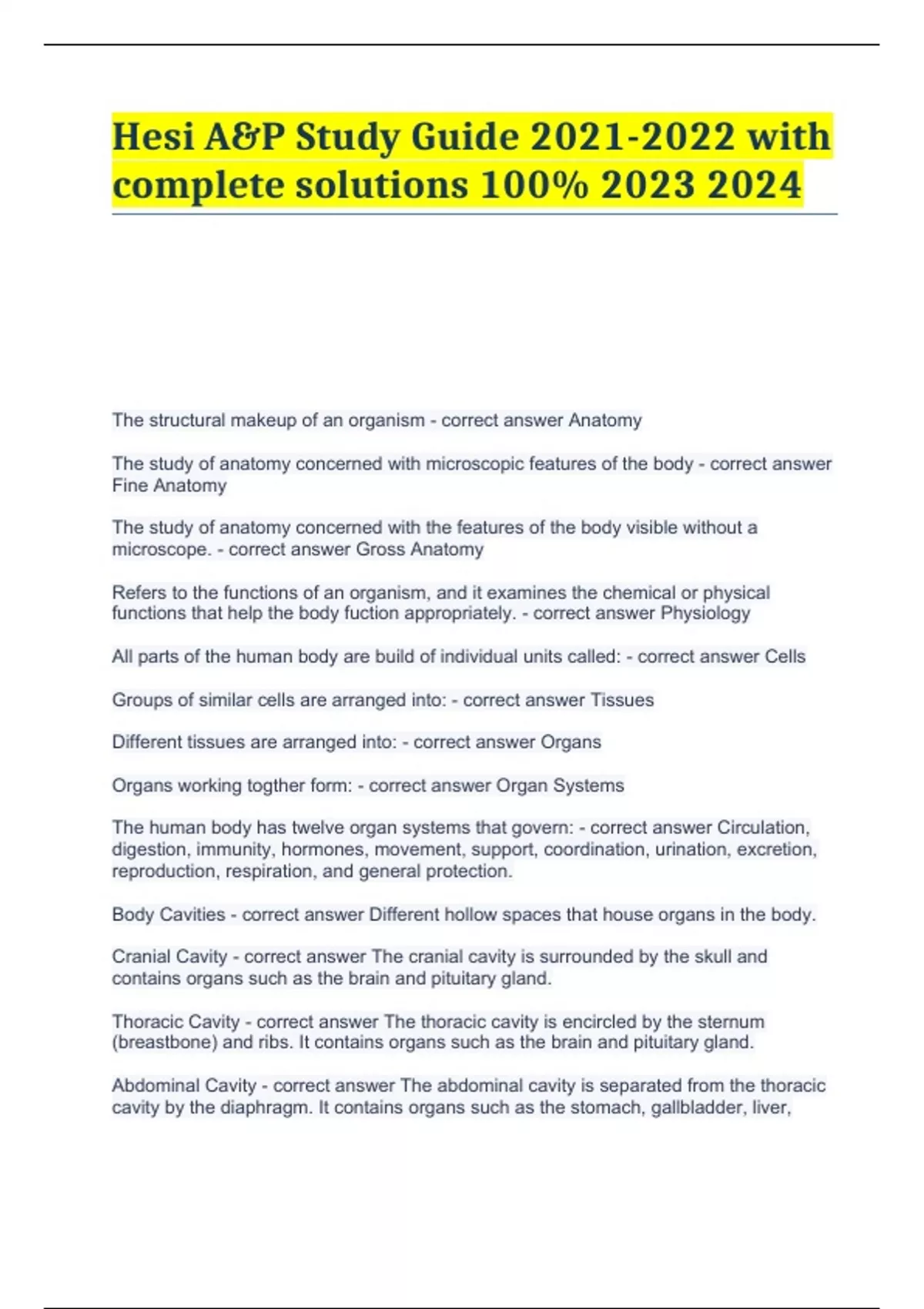 Hesi A&P Study Guide with complete solutions 100% - Hesi - Stuvia US