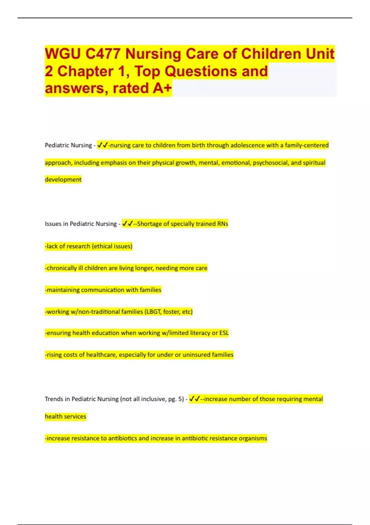 (BOOST YOUR GRADES FOR 2024 EXAMS)-WGU C477 Nursing Care of Children ...