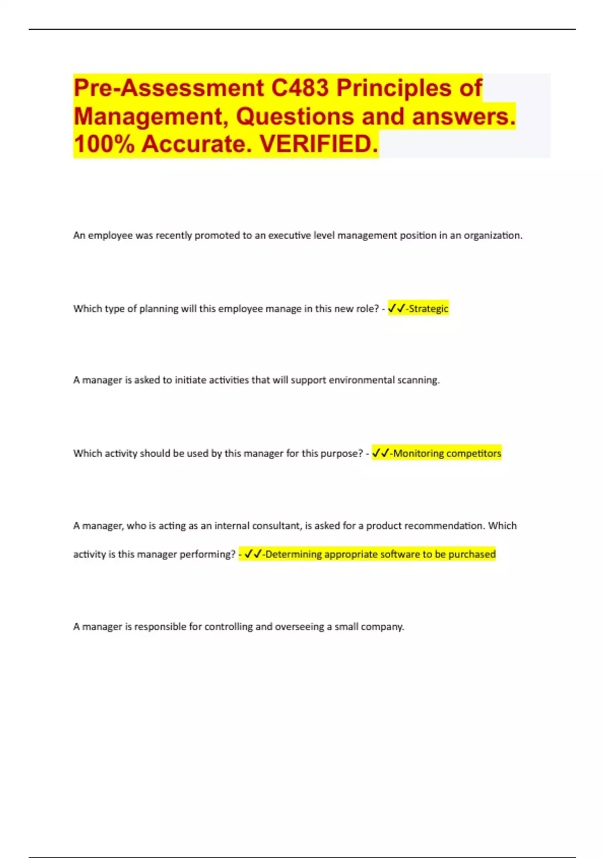 (BOOST YOUR GRADES FOR 2024 EXAMS)- Pre-Assessment C483 Principles of ...