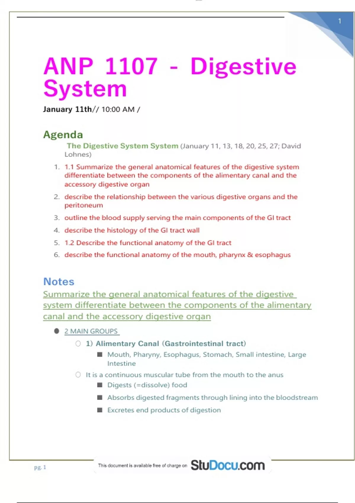 ANP 1107 Notes 1-7 Lohnes Human Anatomy and Physiology III - ANP 1107 ...