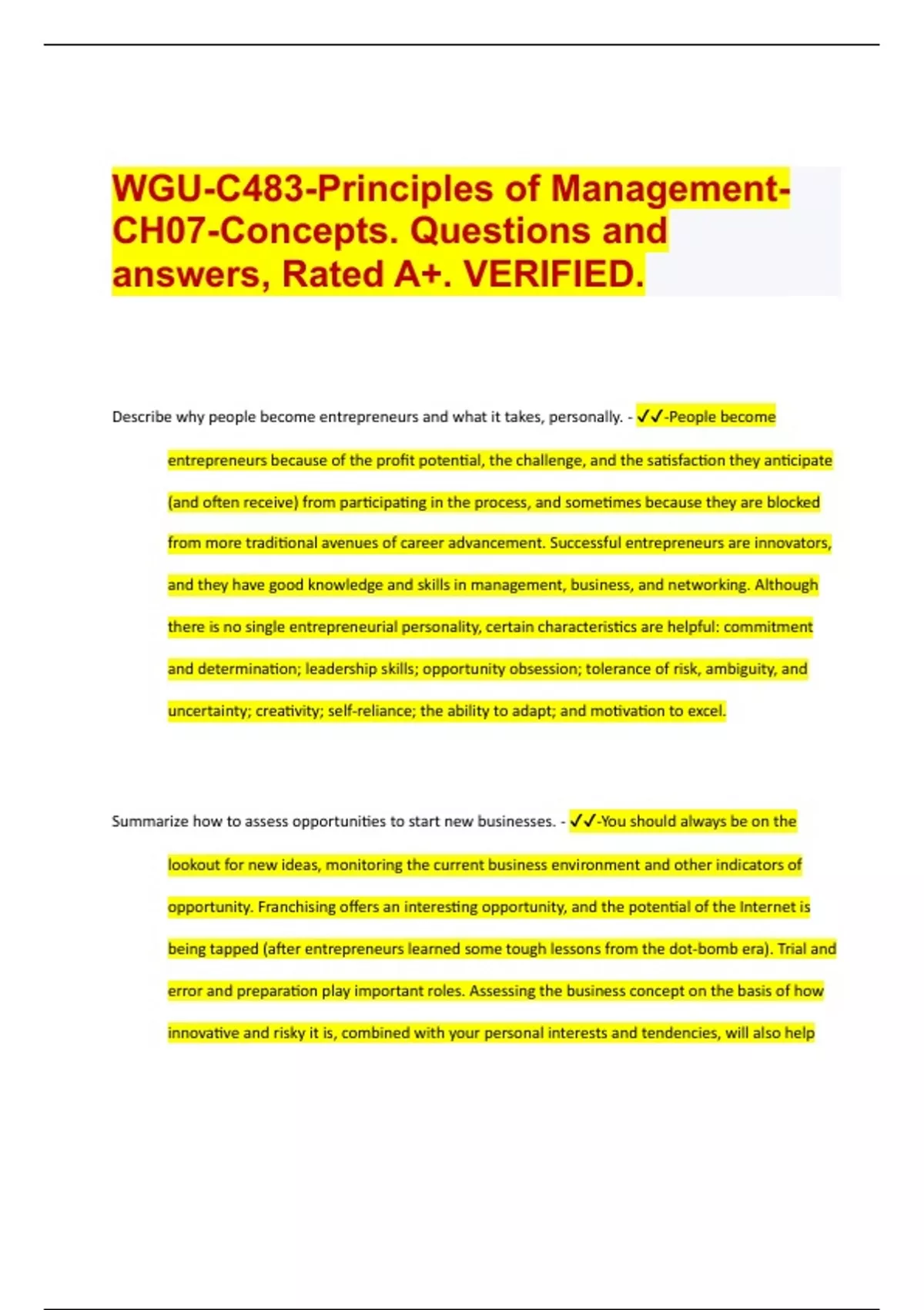 (BOOST YOUR GRADES FOR 2024 EXAMS)- WGU-C483-Principles of Management ...