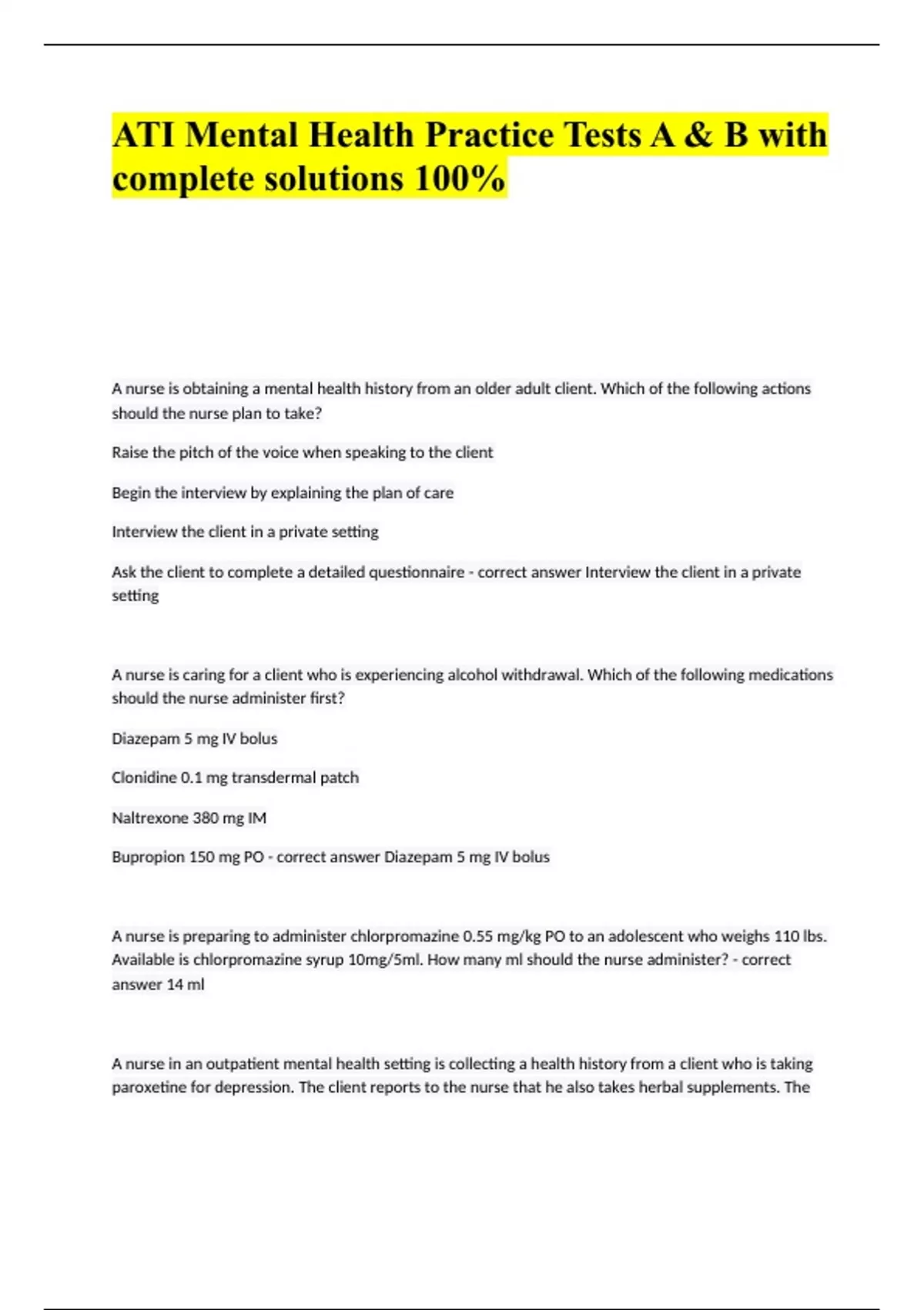 ATI Mental Health Practice Tests A & B with complete solutions 100% ...