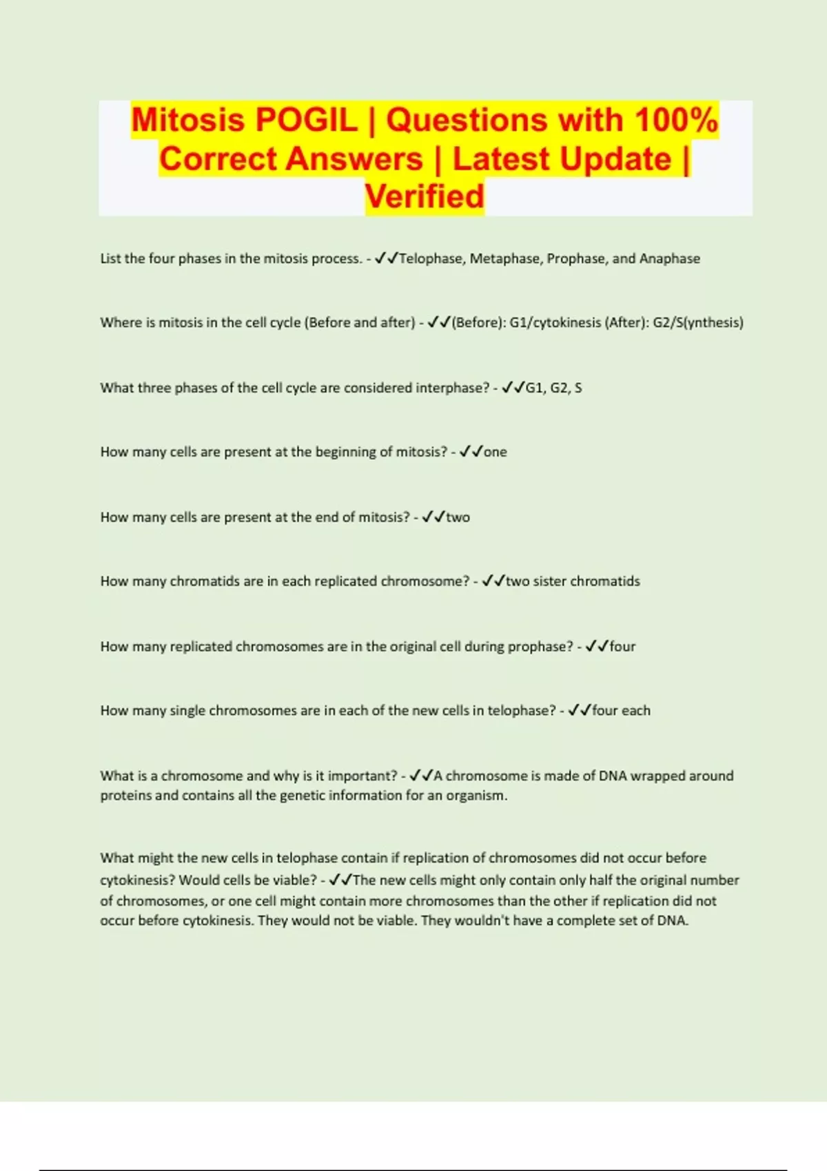 Mitosis POGIL | Questions with 100% Correct Answers | Latest Update ...