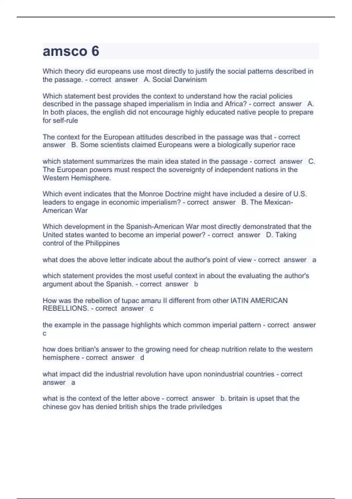 amsco 6 Question and answers 100% correct 2023/2024 - AMSCO - Stuvia US