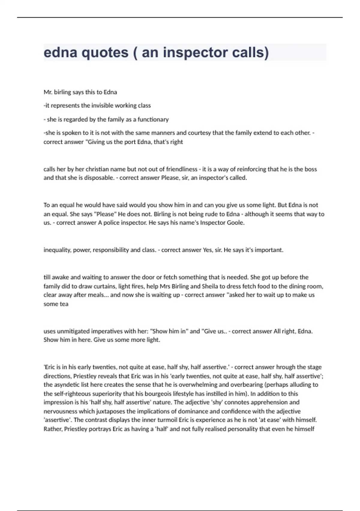 edna quotes ( an inspector calls ) fully solved to pass - EDPNA - Stuvia US
