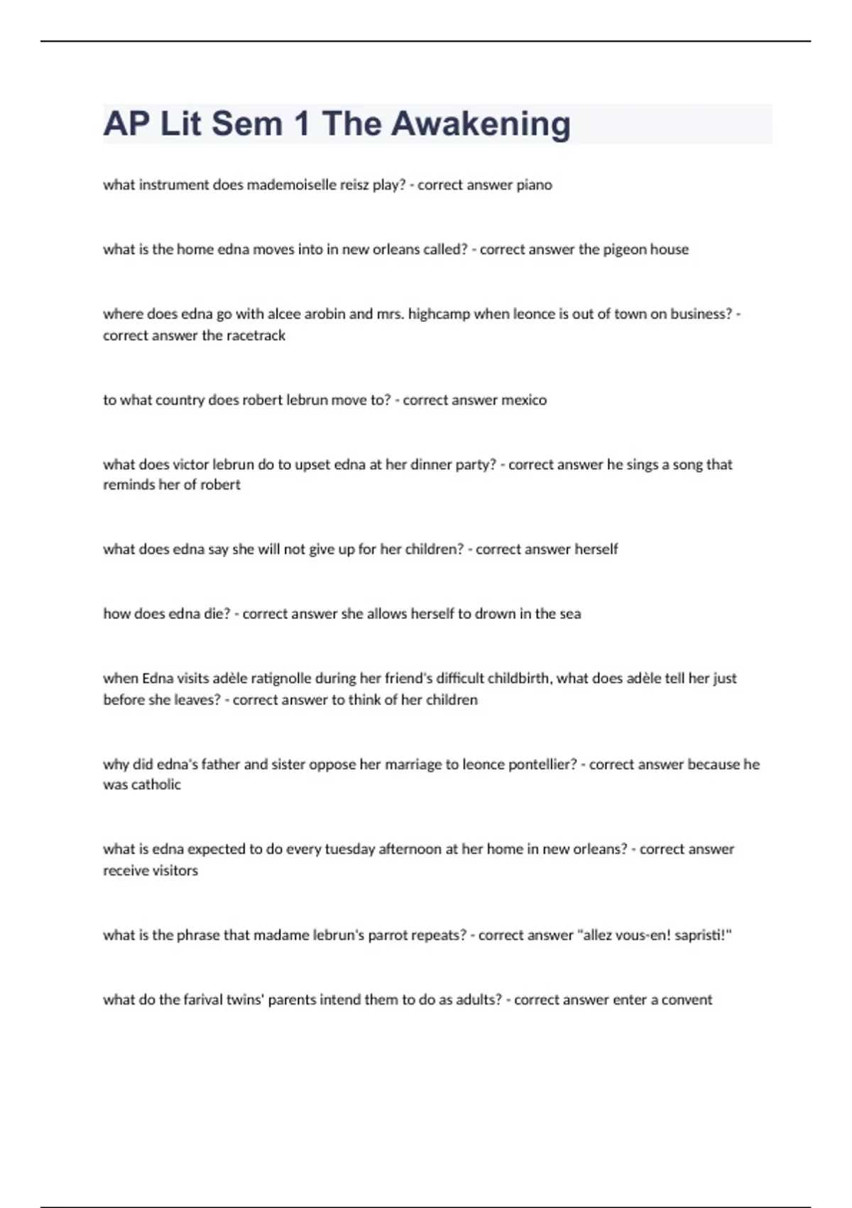 AP Lit Sem 1 The Awakening questions with complete solutions 2023 ...