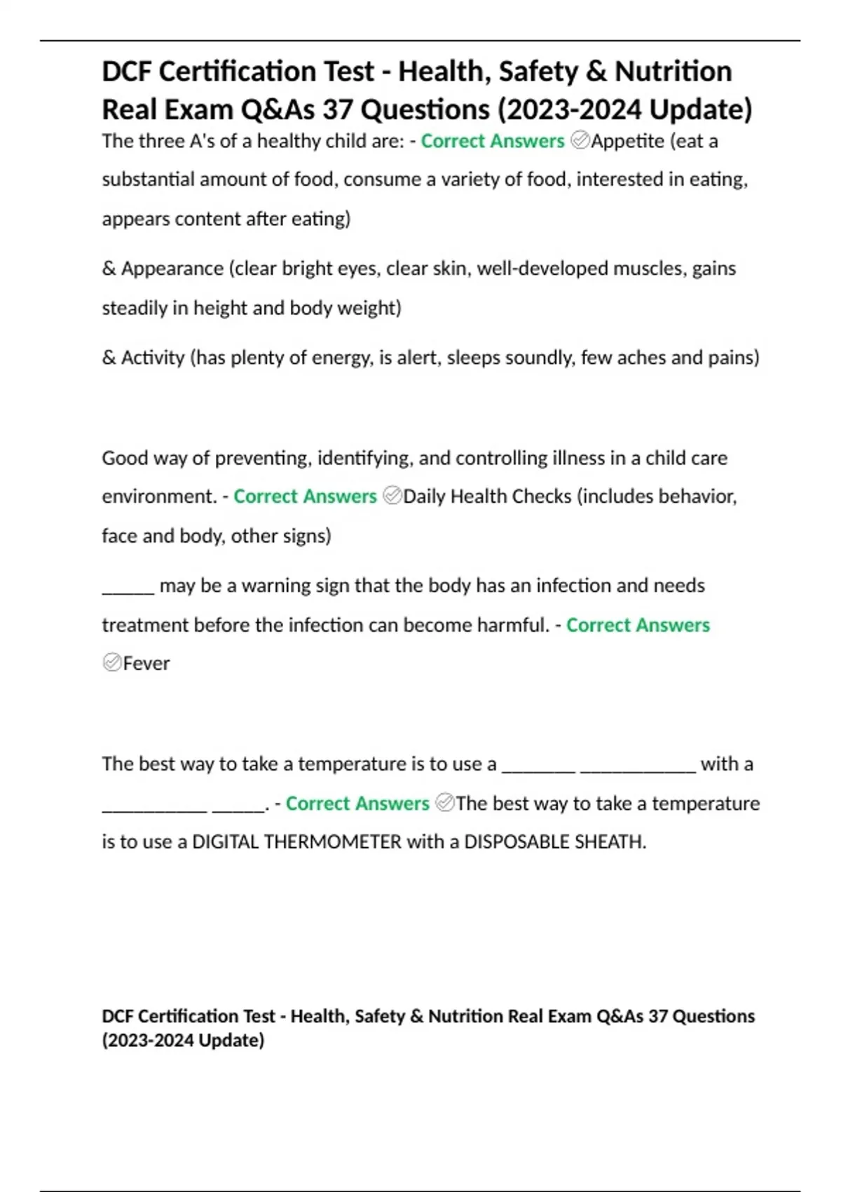 DCF Certification Test - Health, Safety & Nutrition Real Exam Q&As 37 ...