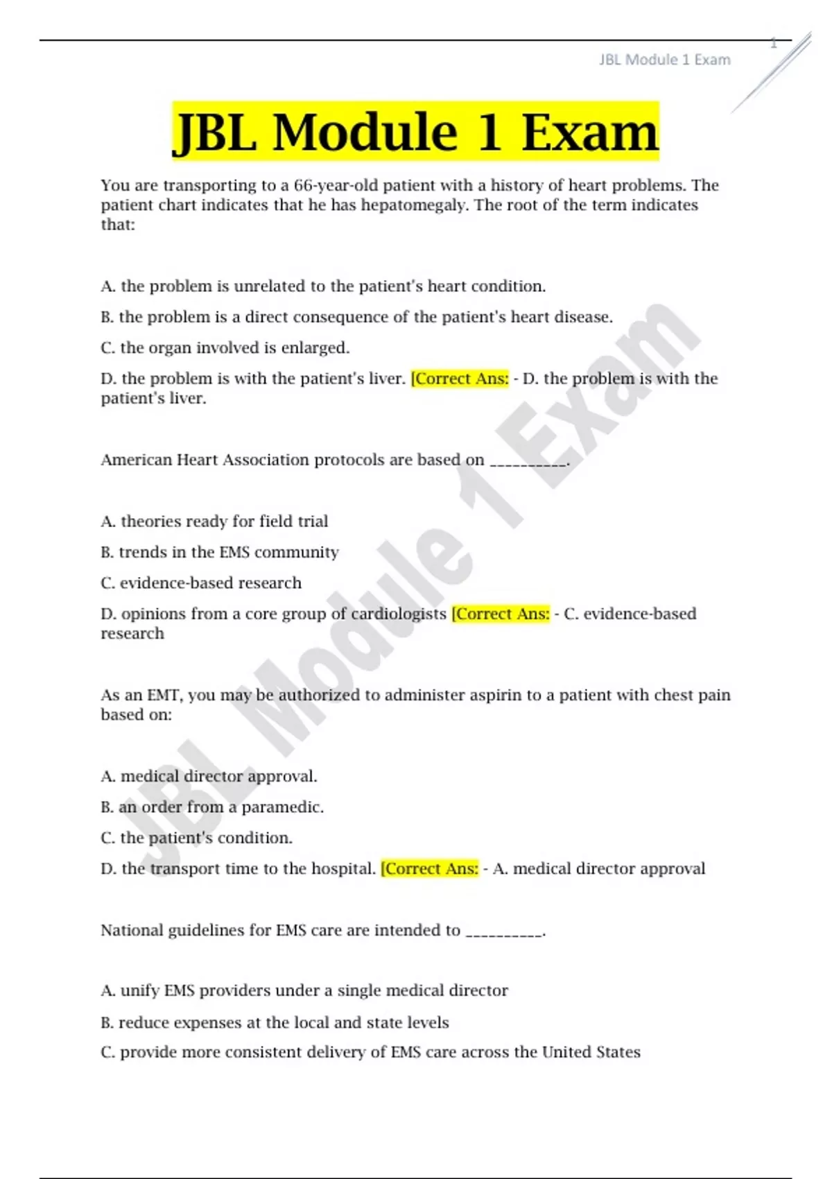 JBL Module 1 Exam Questions with Complete Solutions - EMT - Stuvia US