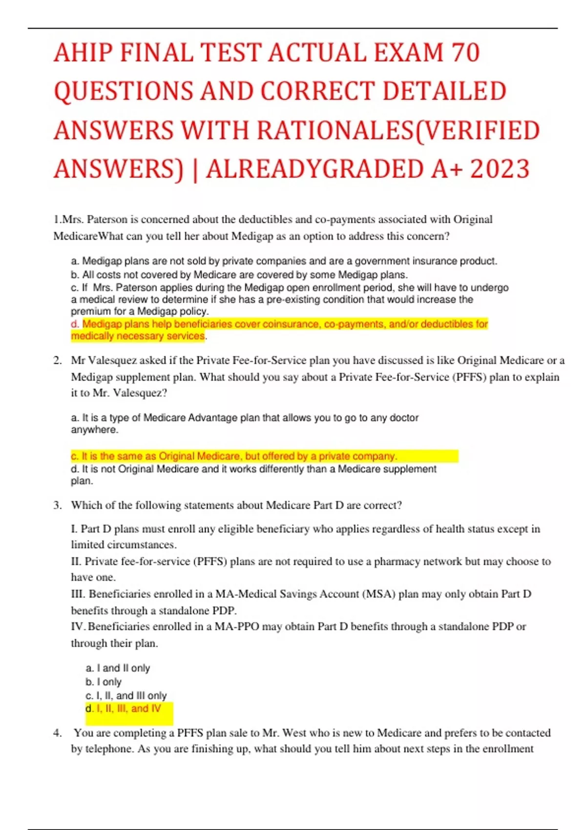 AHIP FINAL TEST ACTUAL EXAM 70 QUESTIONS AND CORRECT DETAILED ANSWERS ...