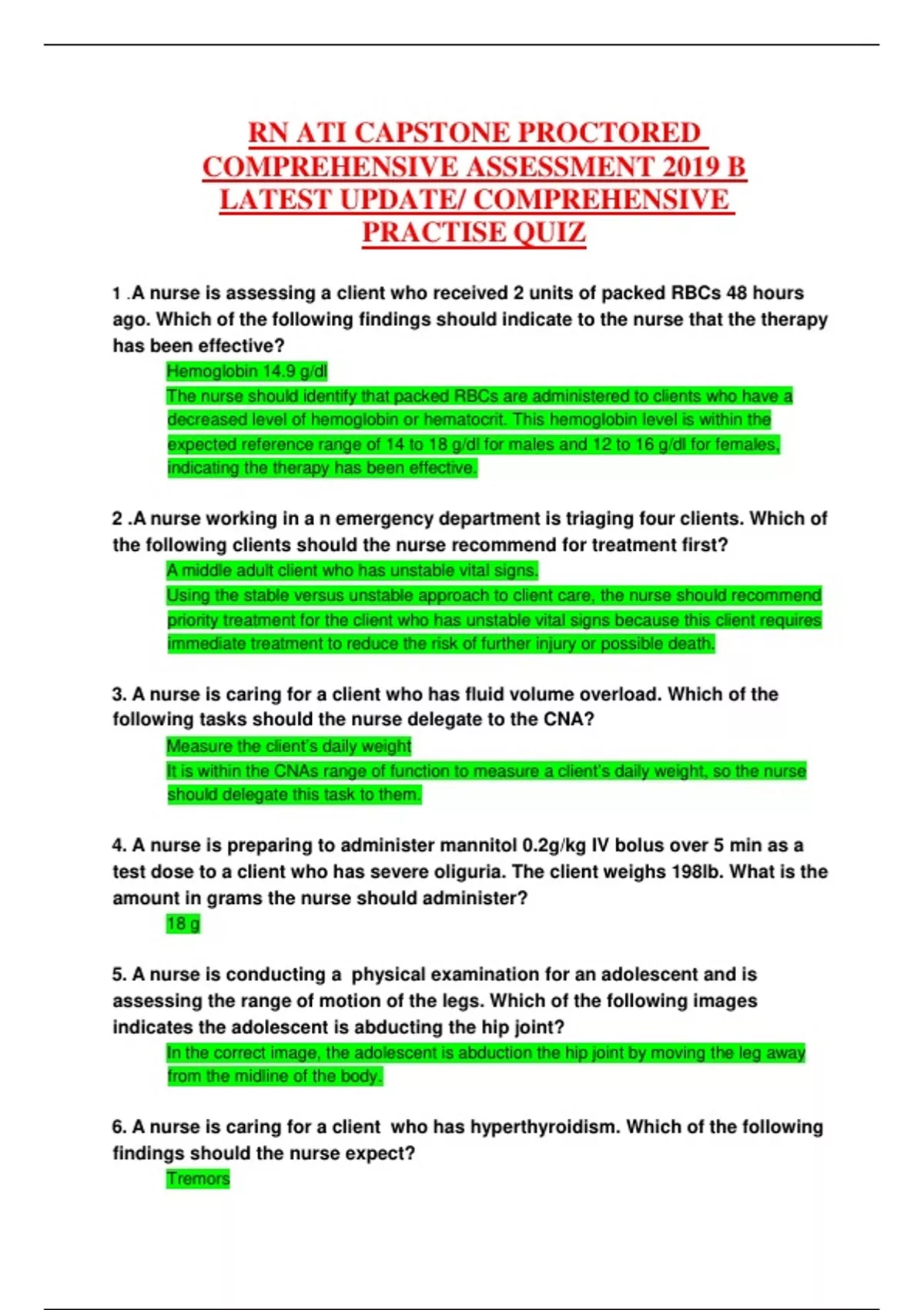 RN ATI CAPSTONE PROCTORED COMPREHENSIVE ASSESSMENT 2019 B LATEST UPDATE ...