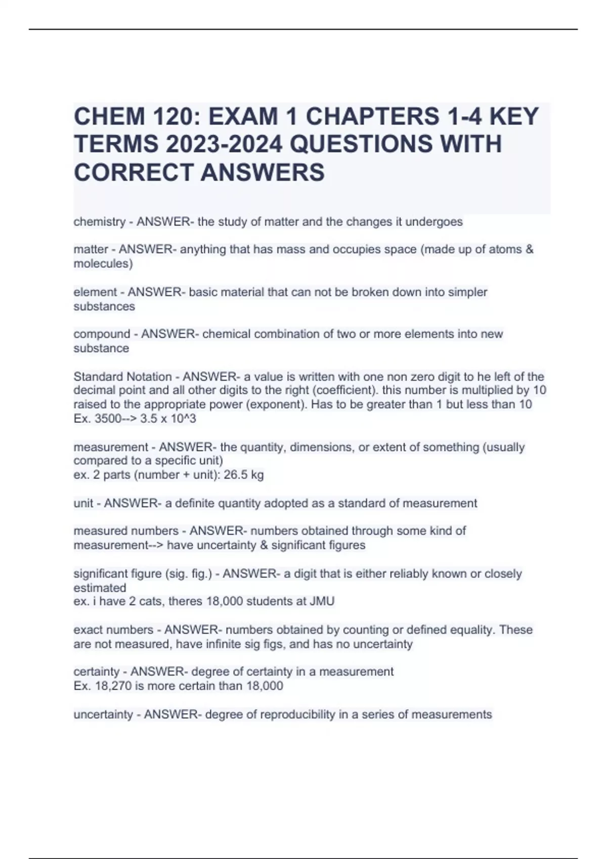 CHEM 120: EXAM 1 CHAPTERS 1-4 KEY TERMS QUESTIONS WITH CORRECT ANSWERS ...
