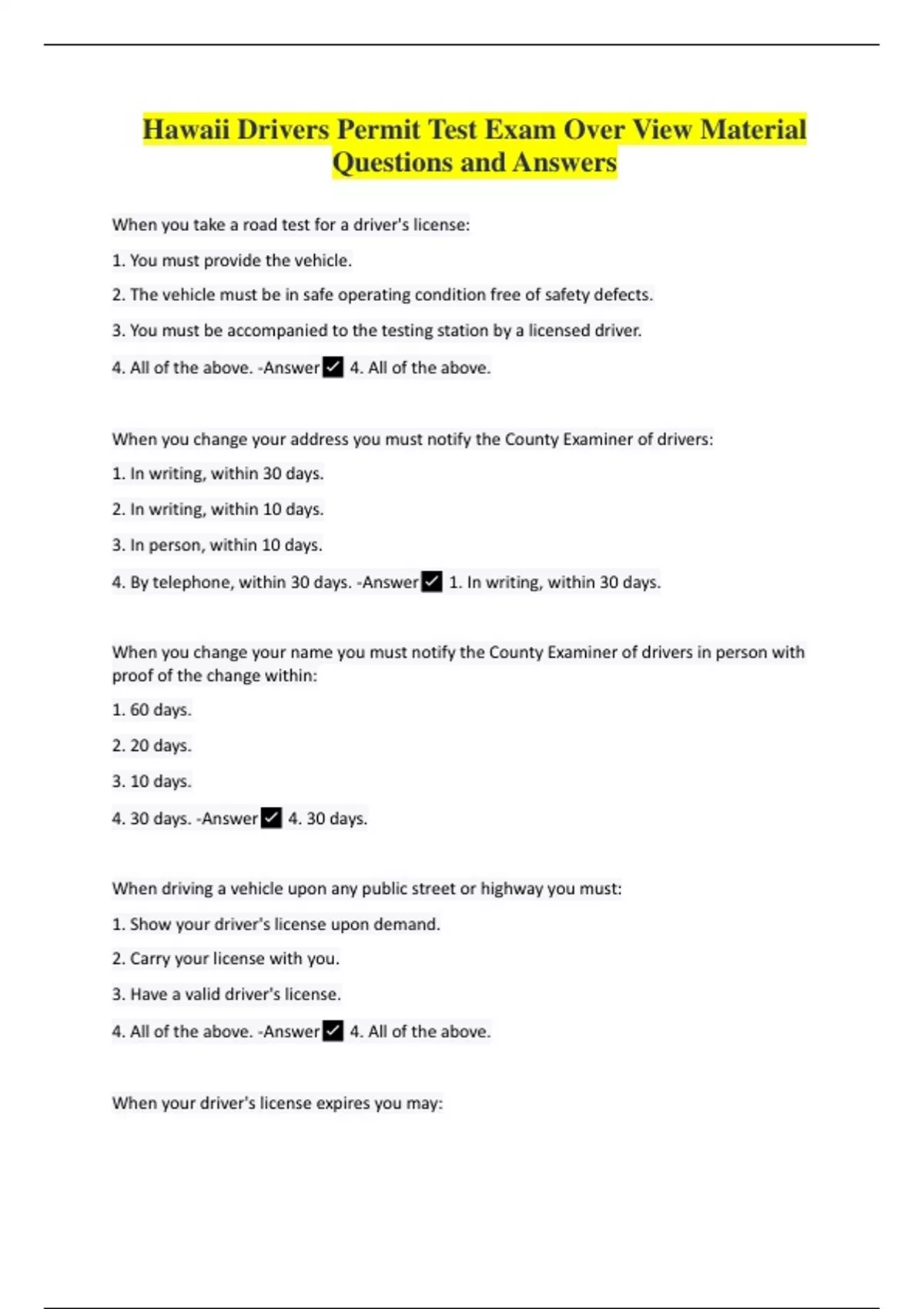 Hawaii Drivers Permit Test Exam Over View Material Questions and ...