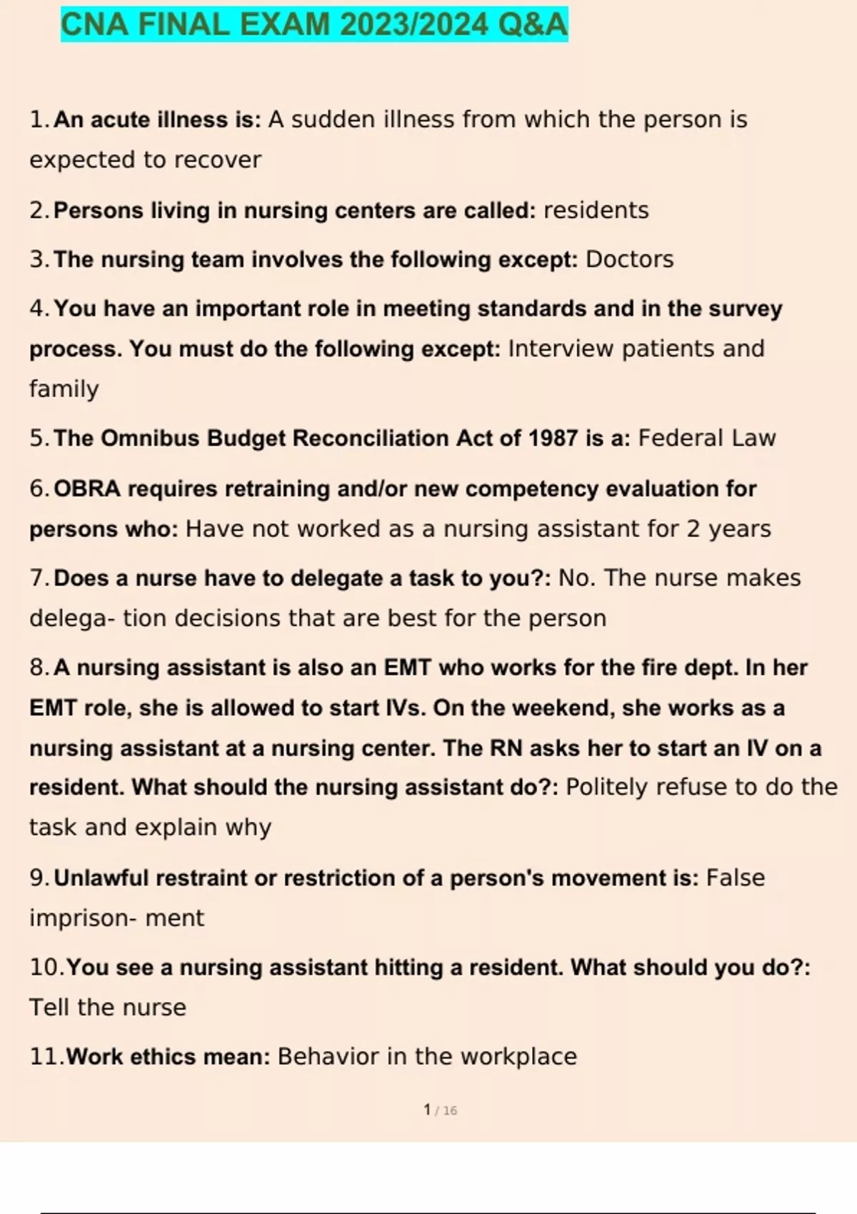 CNA FINAL EXAM 2023/2024 QUESTIONS AND ANSWERS GRADED A+ - CNA - Certified Nursing Assistant ...
