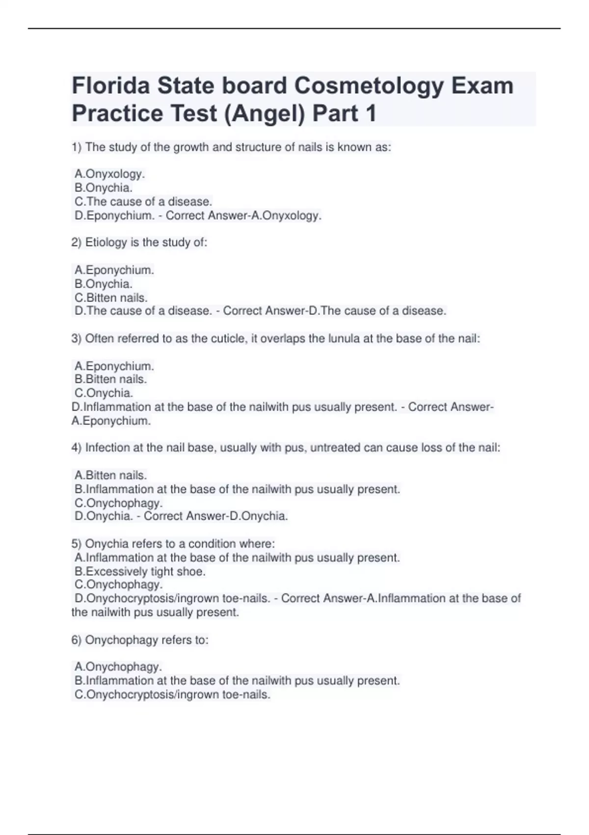 Florida State board Cosmetology Exam Practice Test (Angel) Part 1 ...