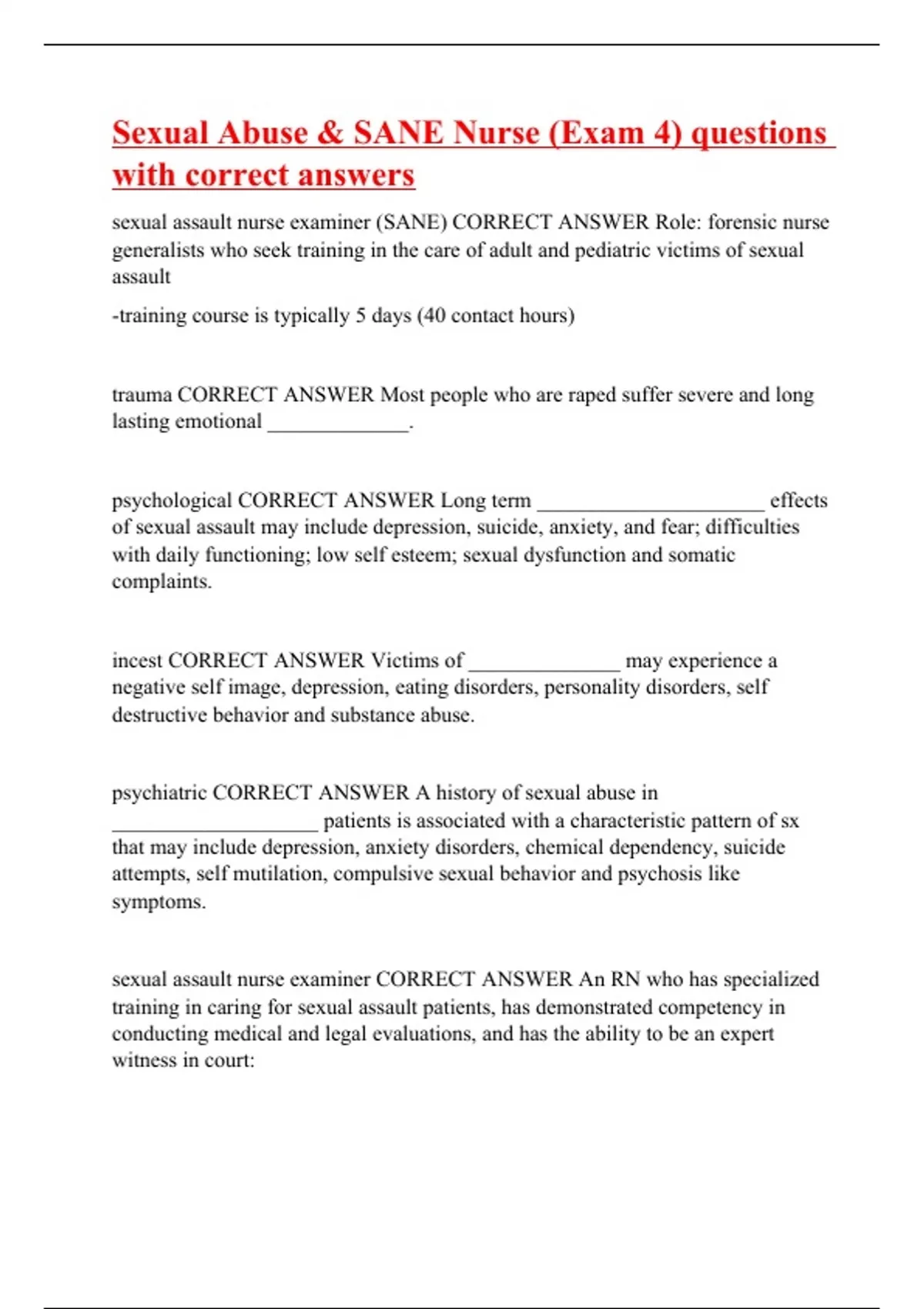 Sexual Abuse & SANE Nurse (Exam 4) questions with correct answers ...