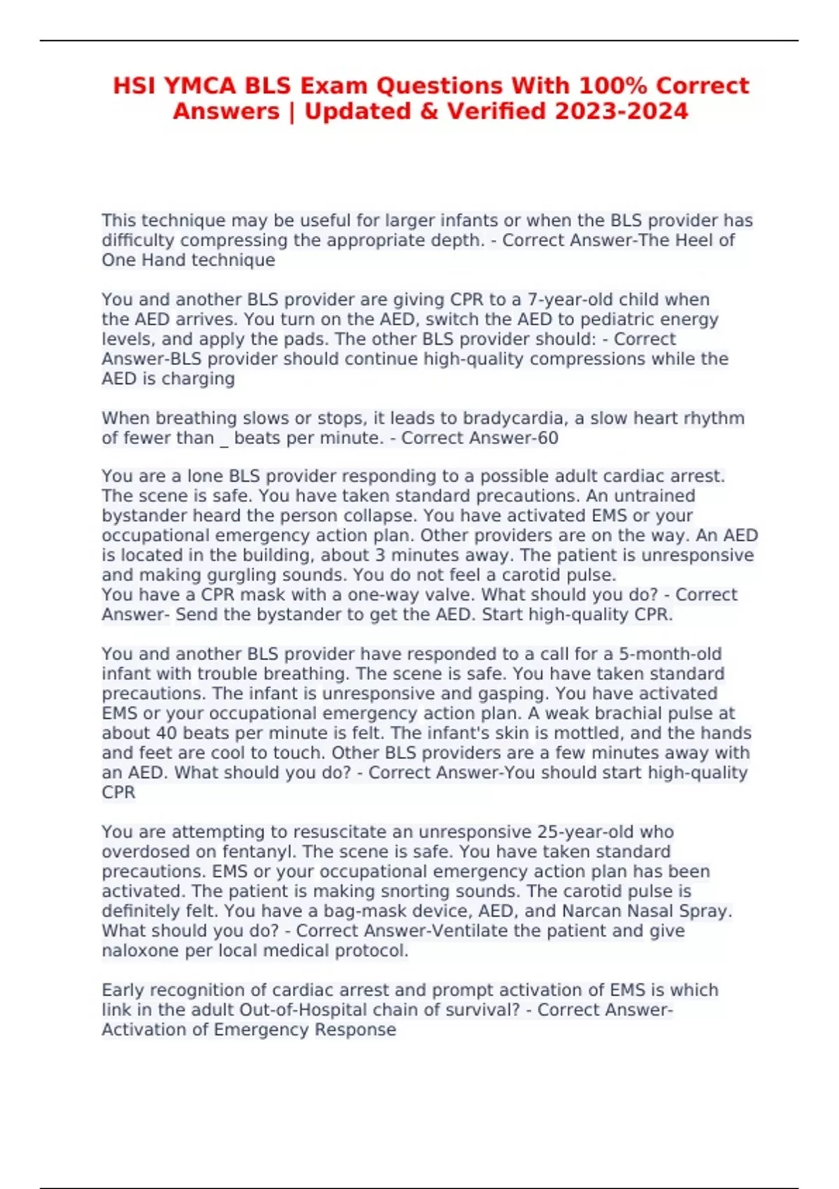 HSI YMCA BLS Exam Questions With 100% Correct Answers | Updated ...