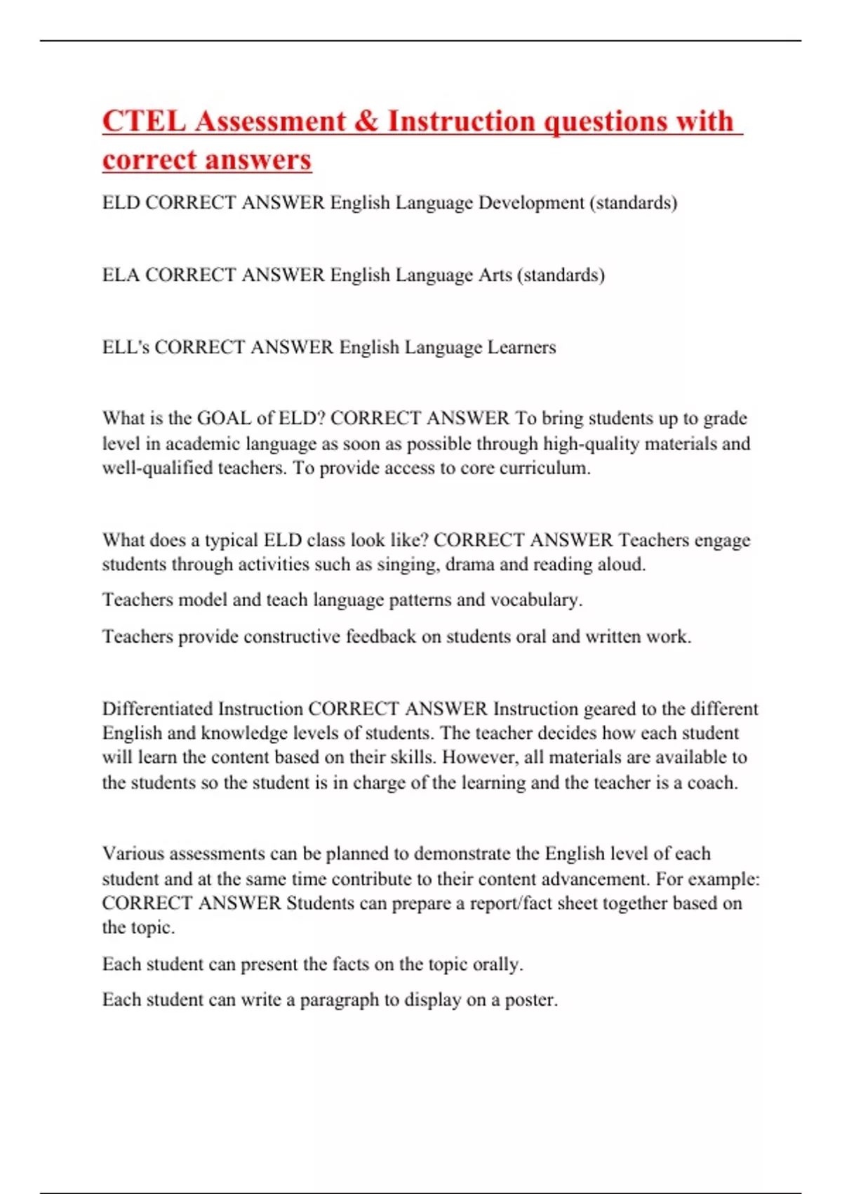 CTEL Assessment & Instruction questions with correct answers - CTEL ...