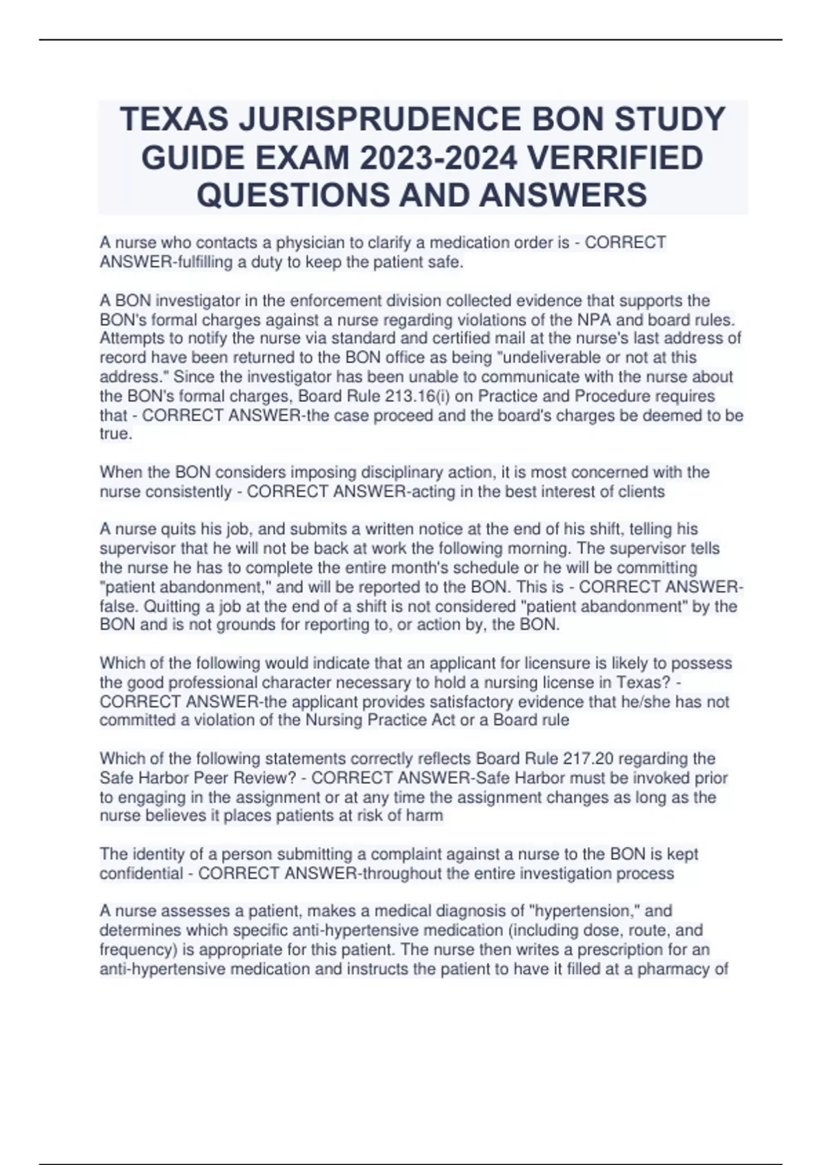 TEXAS JURISPRUDENCE BON STUDY GUIDE EXAM VERRIFIED QUESTIONS AND ...