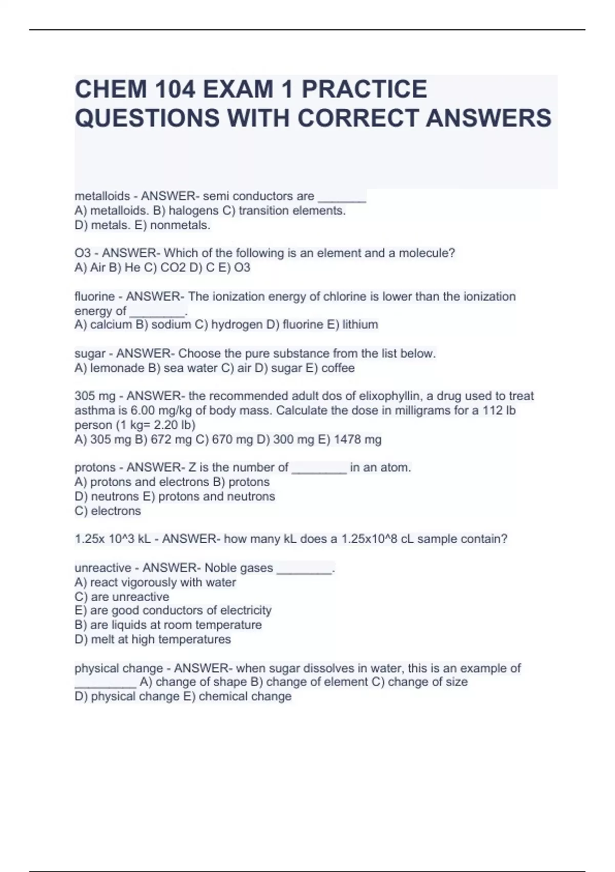 CHEM 104 EXAM 1 PRACTICE QUESTIONS WITH CORRECT ANSWERS - Chem 104 ...
