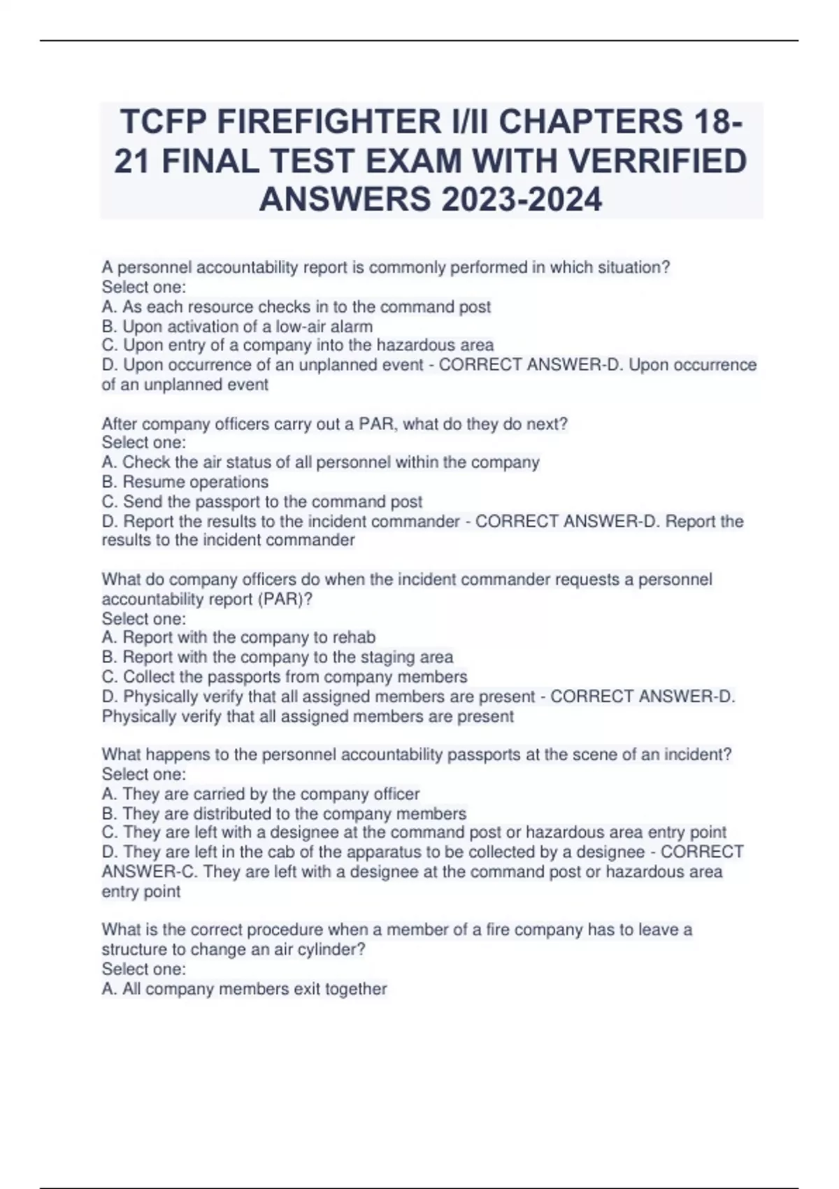 TCFP FIREFIGHTER I/II CHAPTERS 18- 21 FINAL TEST EXAM WITH VERRIFIED ...