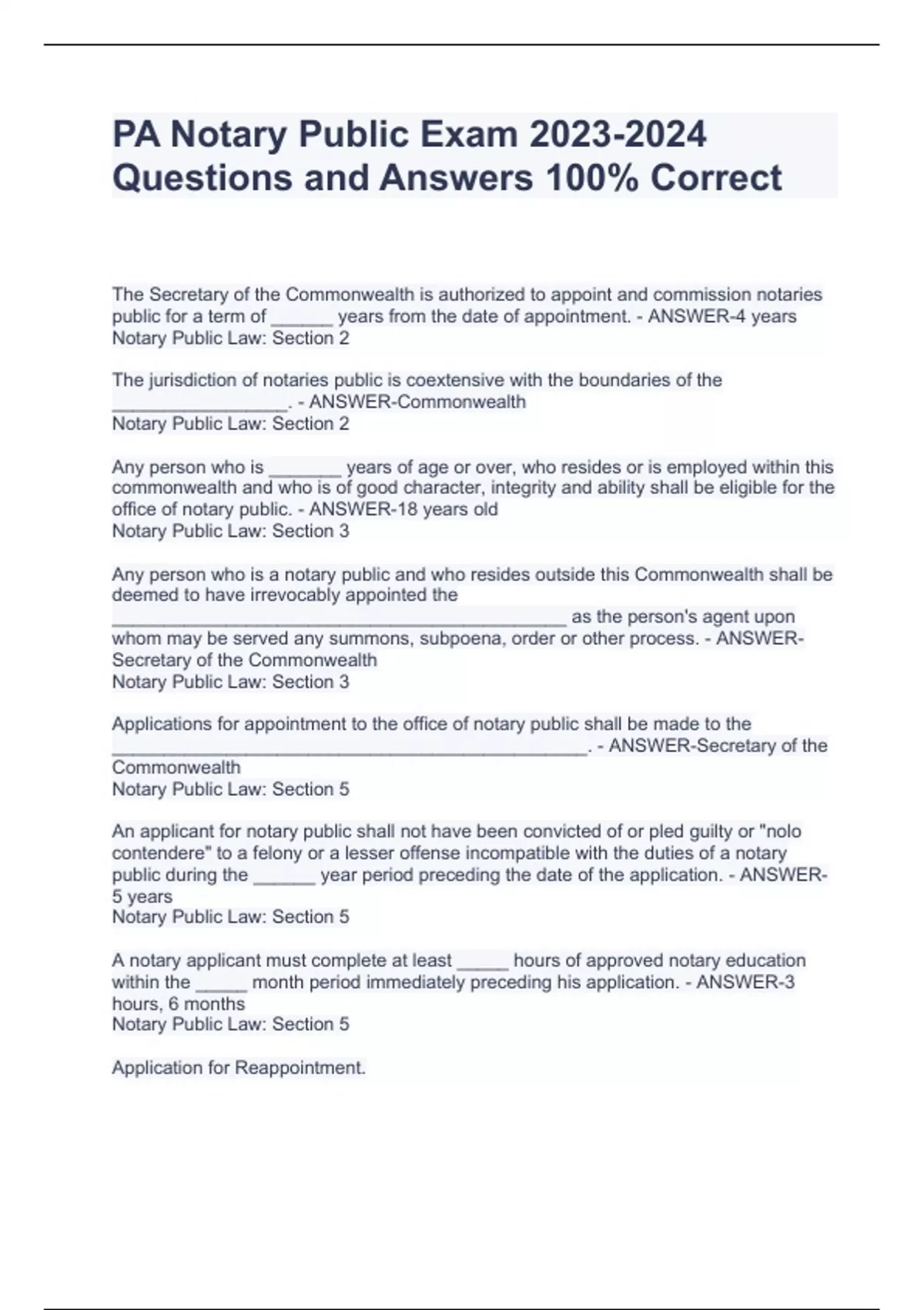 PA Notary Public Exam Questions And Answers 100 Correct PA Notary PA Notary Public Exam Questions And Answers 100 Correct PA Notary