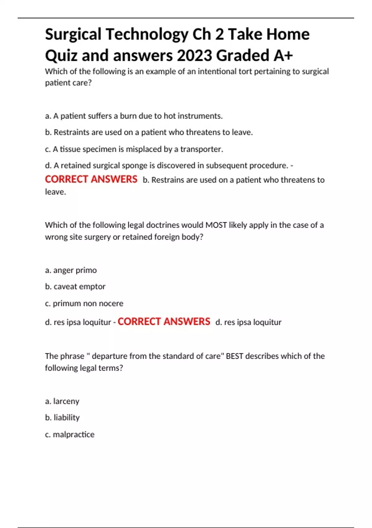 Surgical Technology Ch 2 Take Home Quiz and answers 2023 Graded A+ ...