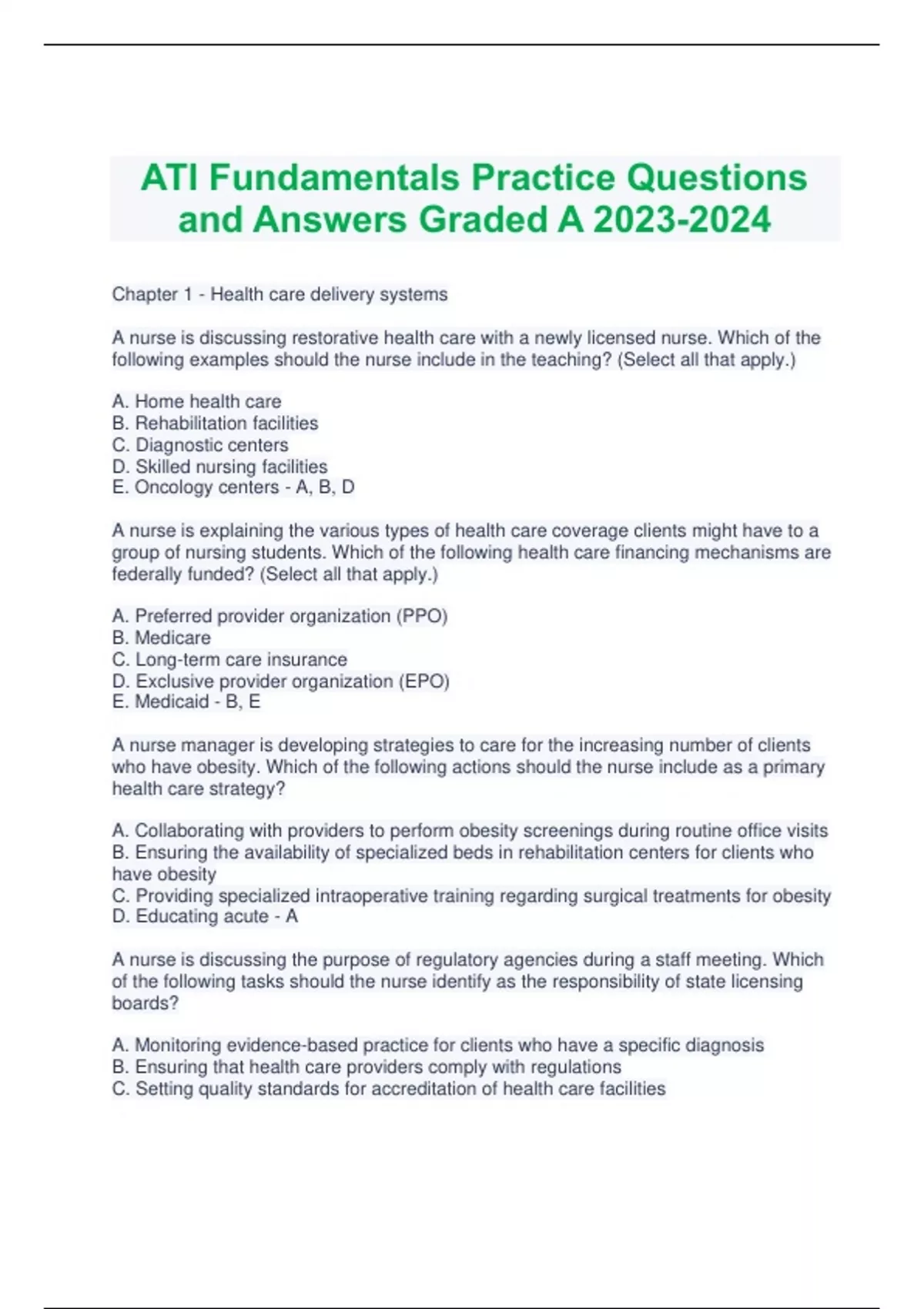 ATI Fundamentals Practice Questions and Answers Graded A - ATI ...