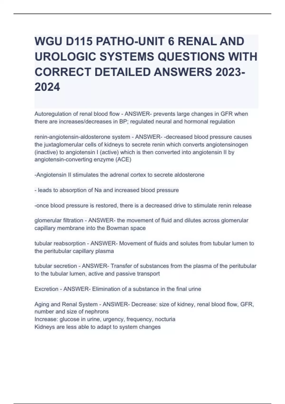 WGU D115 PATHO-UNIT 6 RENAL AND UROLOGIC SYSTEMS QUESTIONS WITH CORRECT DETAILED ANSWERS - WGU ...