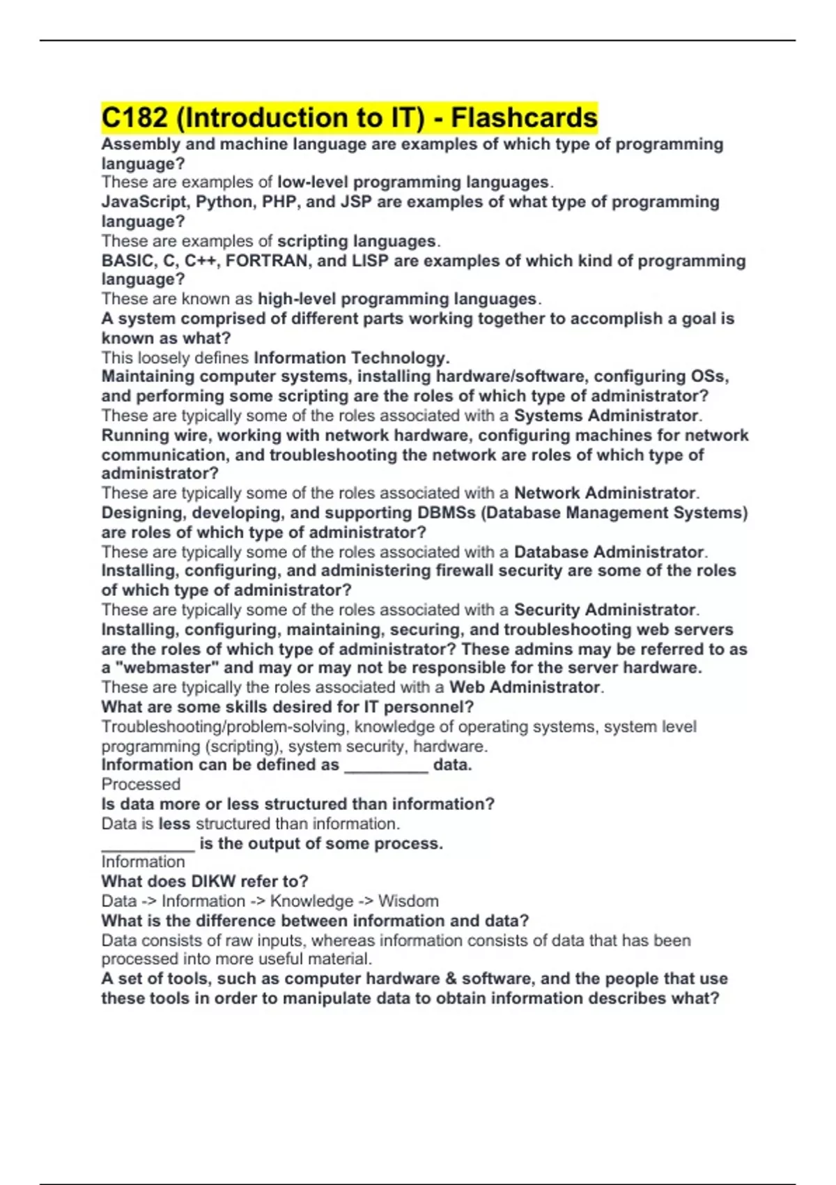 C182 (Introduction to IT) - Flashcards (Answered) Complete Solution ...