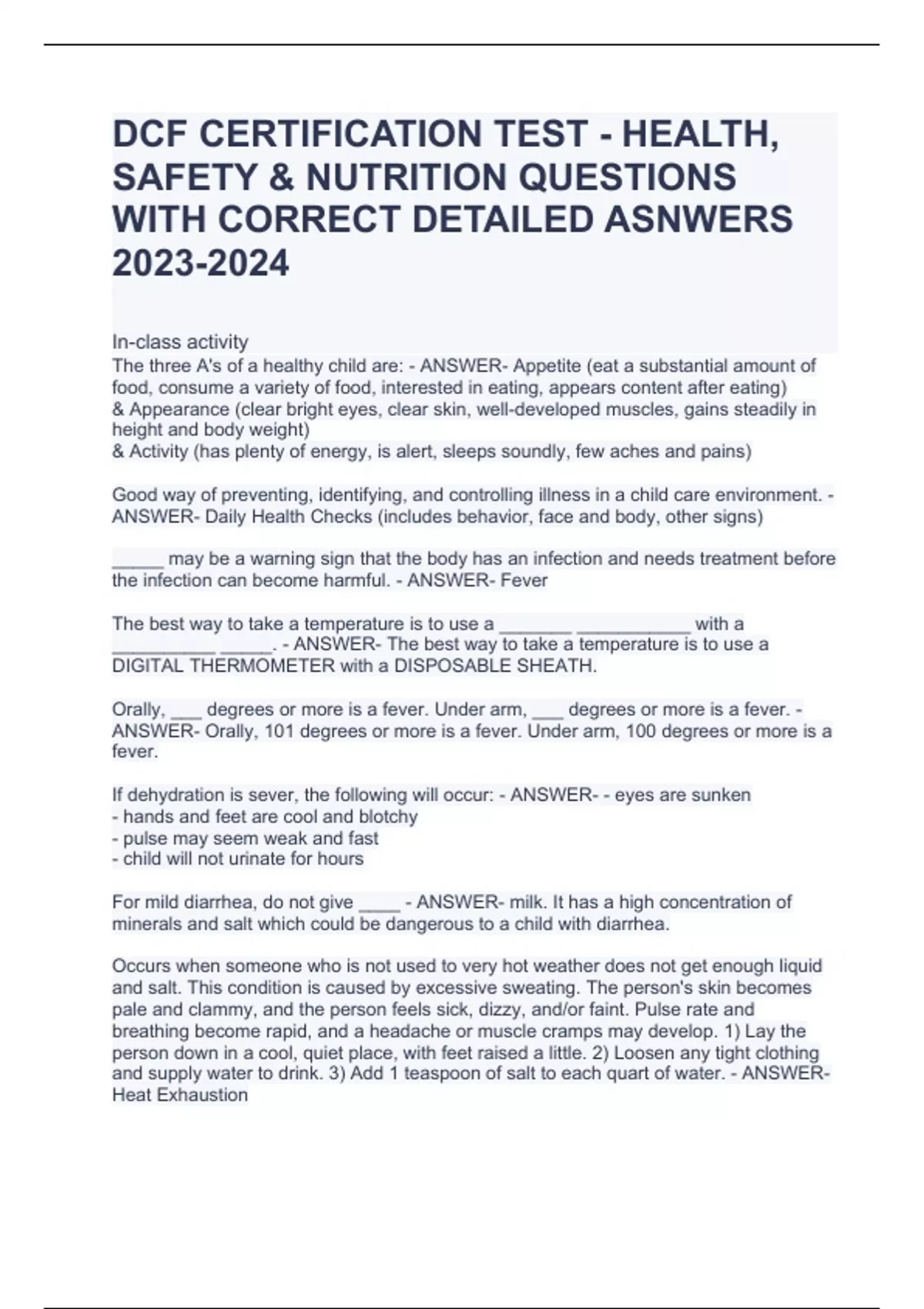 DCF CERTIFICATION TEST - HEALTH, SAFETY & NUTRITION QUESTIONS WITH ...