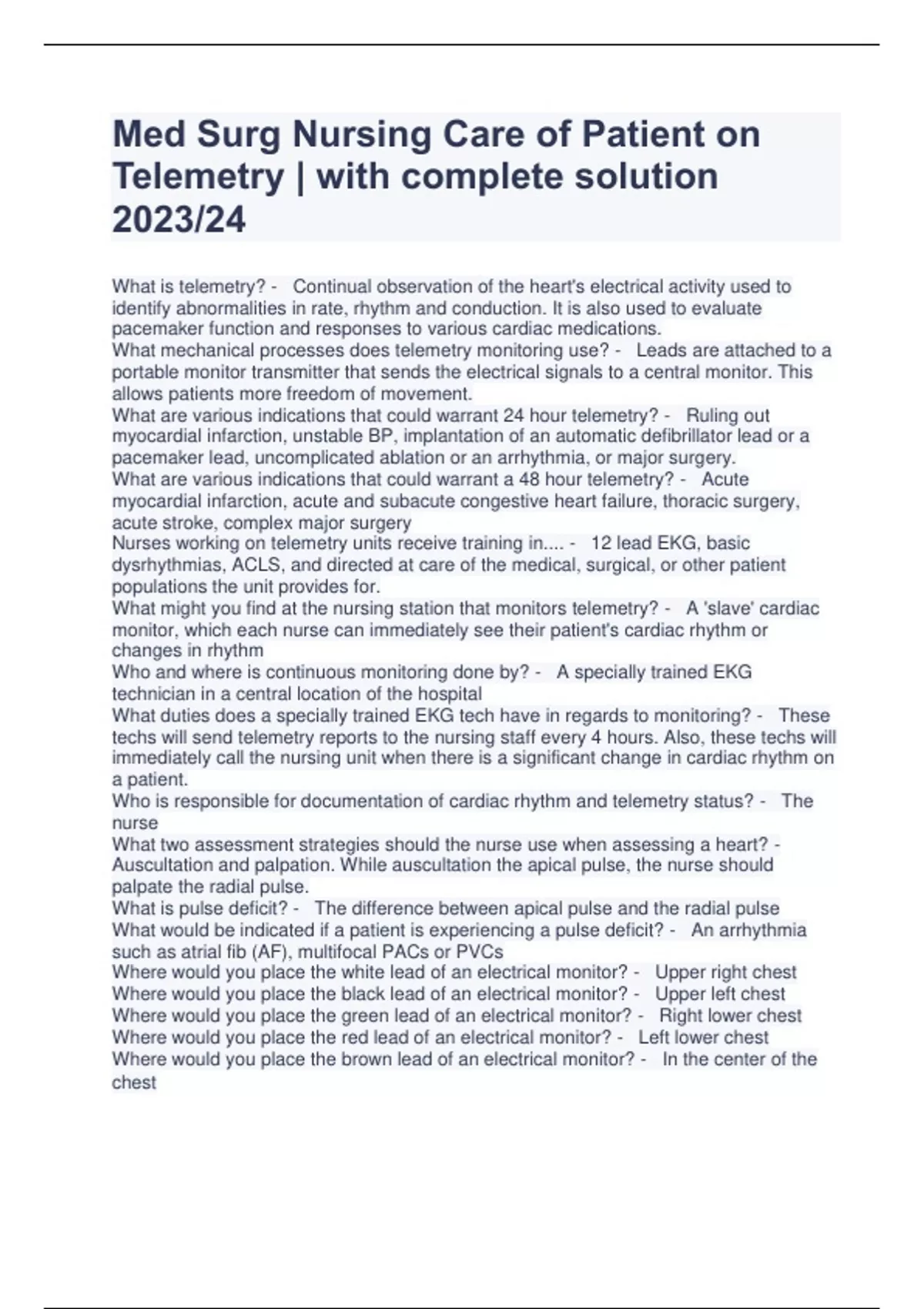 Med Surg Nursing Care of Patient on Telemetry | with complete solution ...