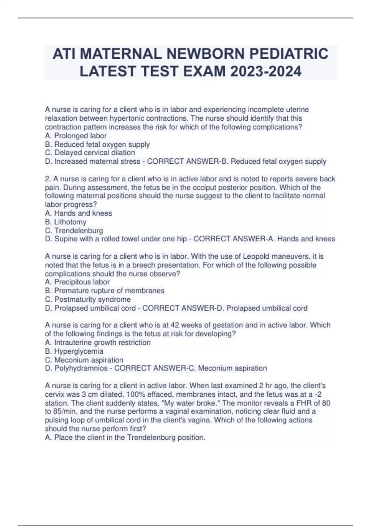 ATI MATERNAL NEWBORN PEDIATRIC LATEST TEST EXAM - Maternal newborn ...