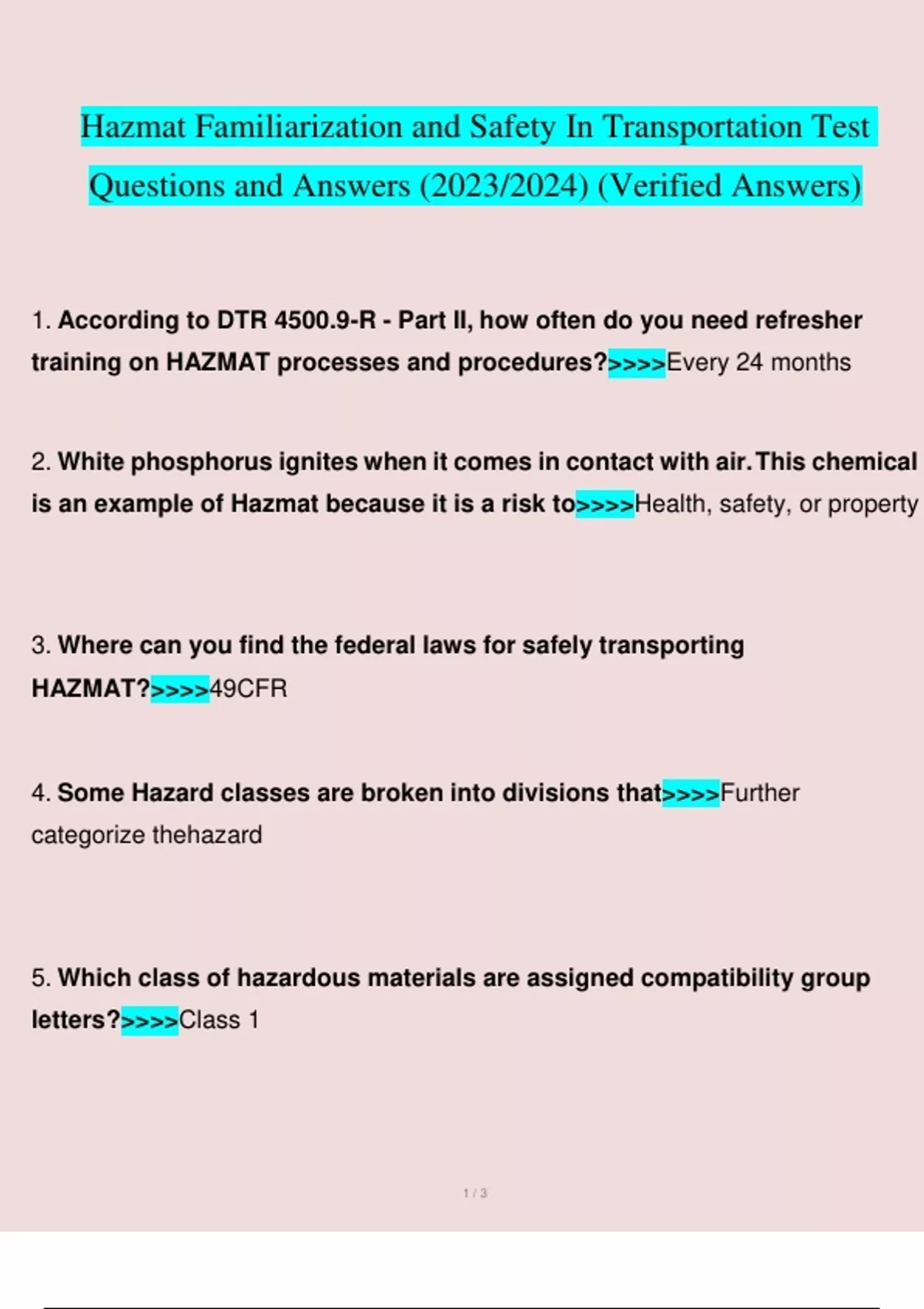 Hazmat Familiarization and Safety In Transportation Test Questions and ...