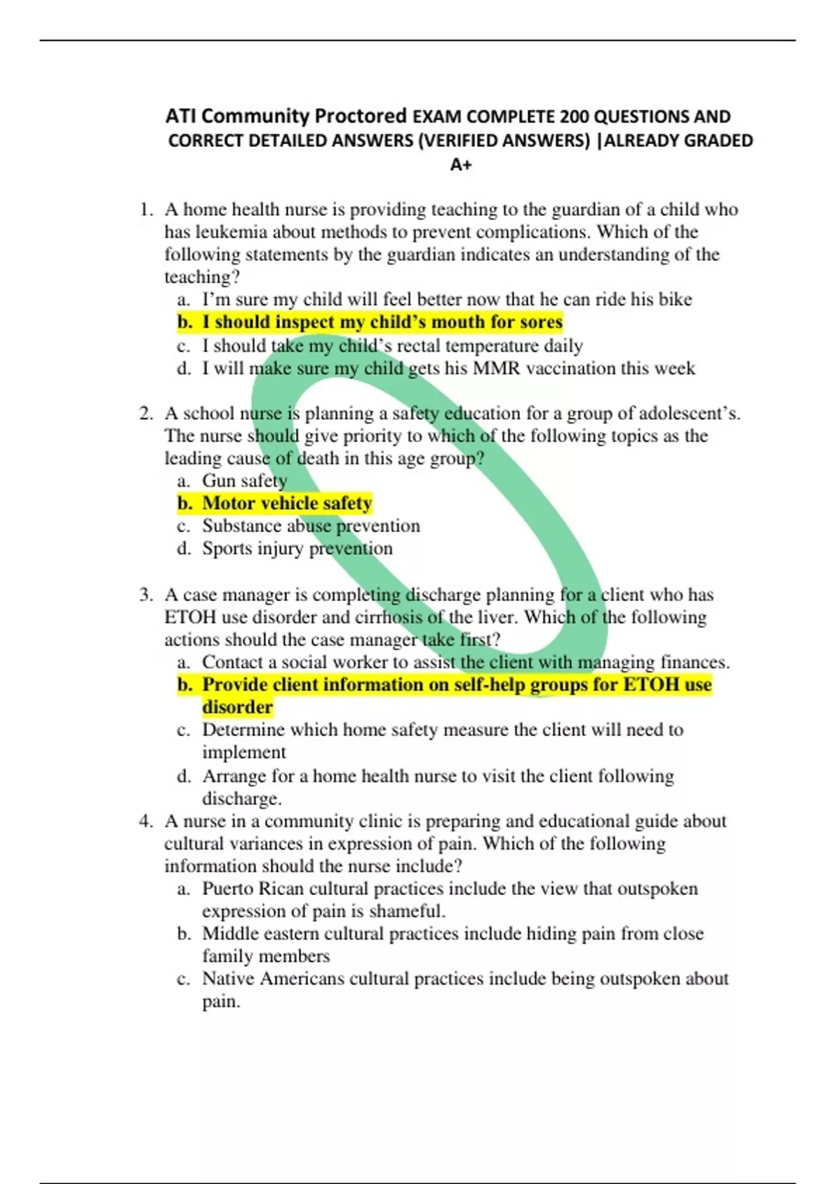 ATI Community Proctored EXAM COMPLETE 200 QUESTIONS AND CORRECT ...