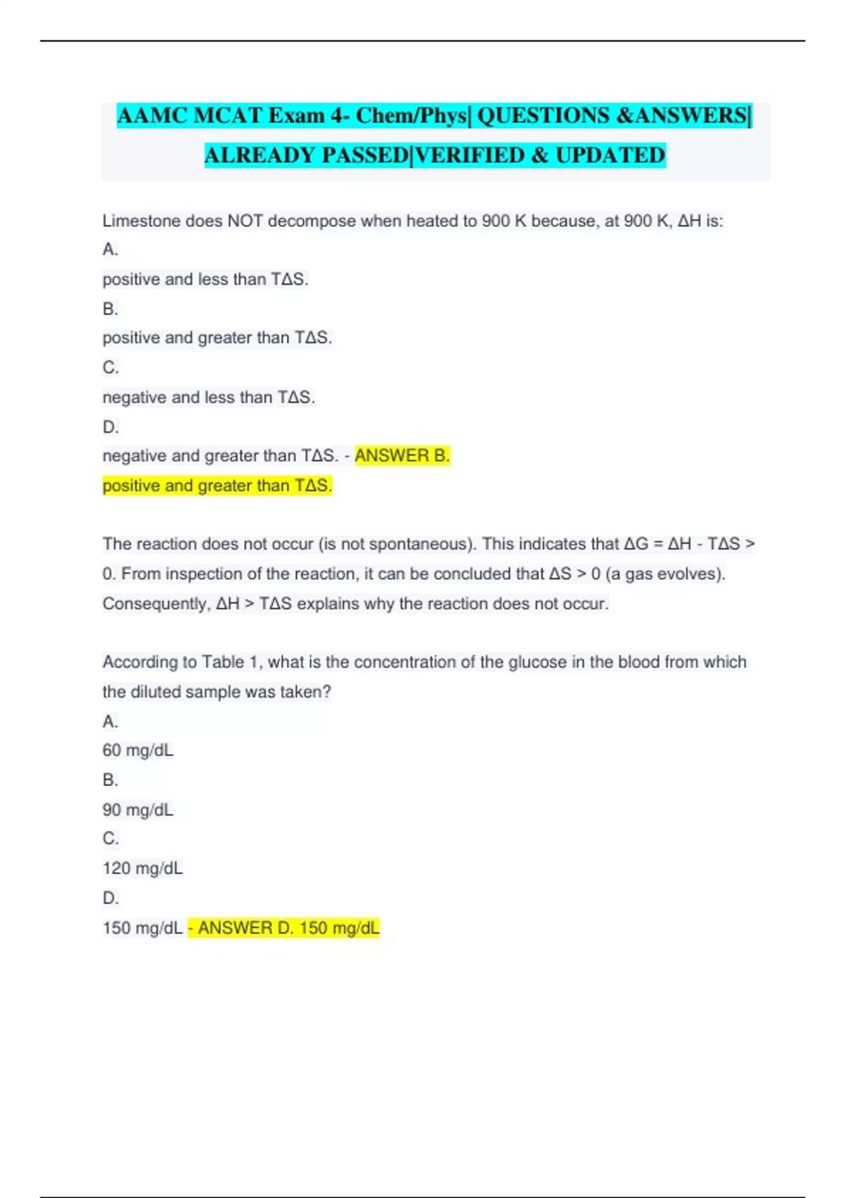 AAMC MCAT Exam 4- Chem/Phys| QUESTIONS &ANSWERS| ALREADY PASSED ...