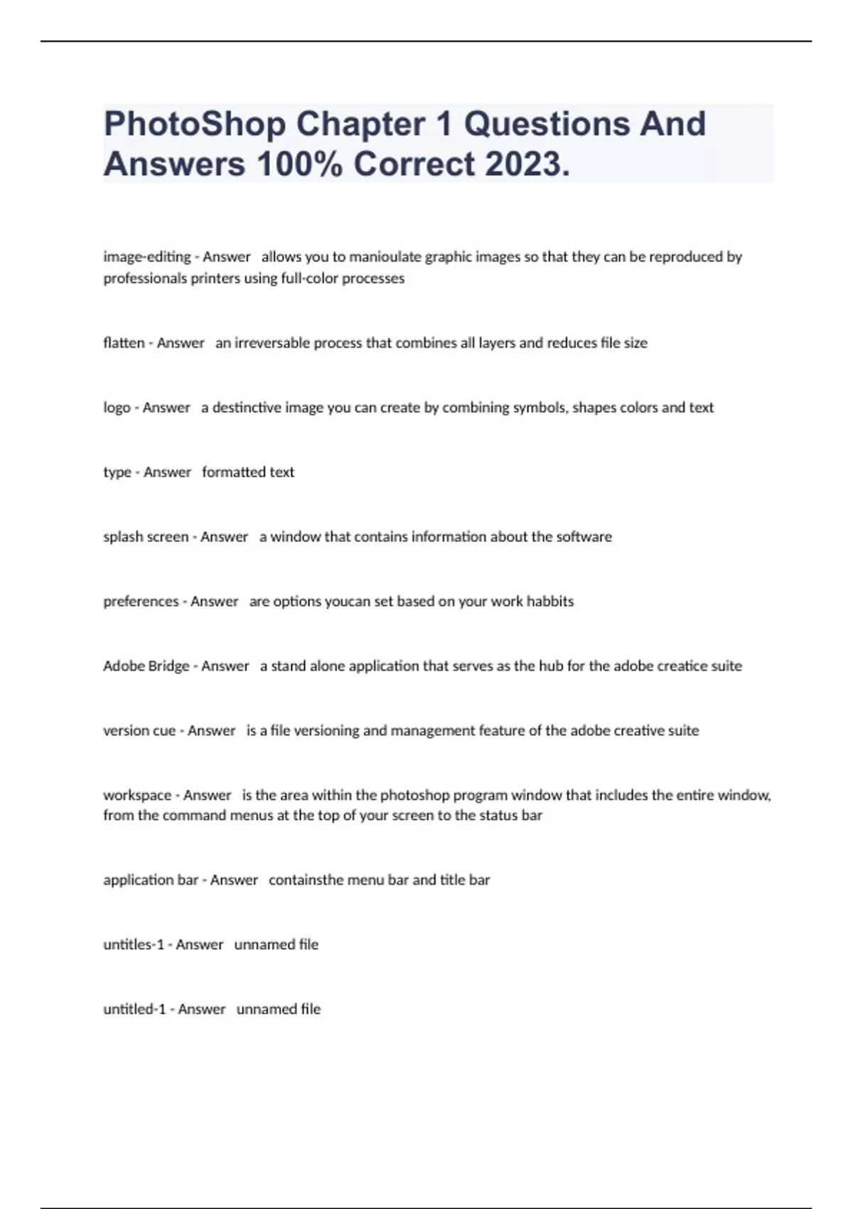 PhotoShop Chapter 1 Questions And Answers 100% Correct 2023. - Adobe ...