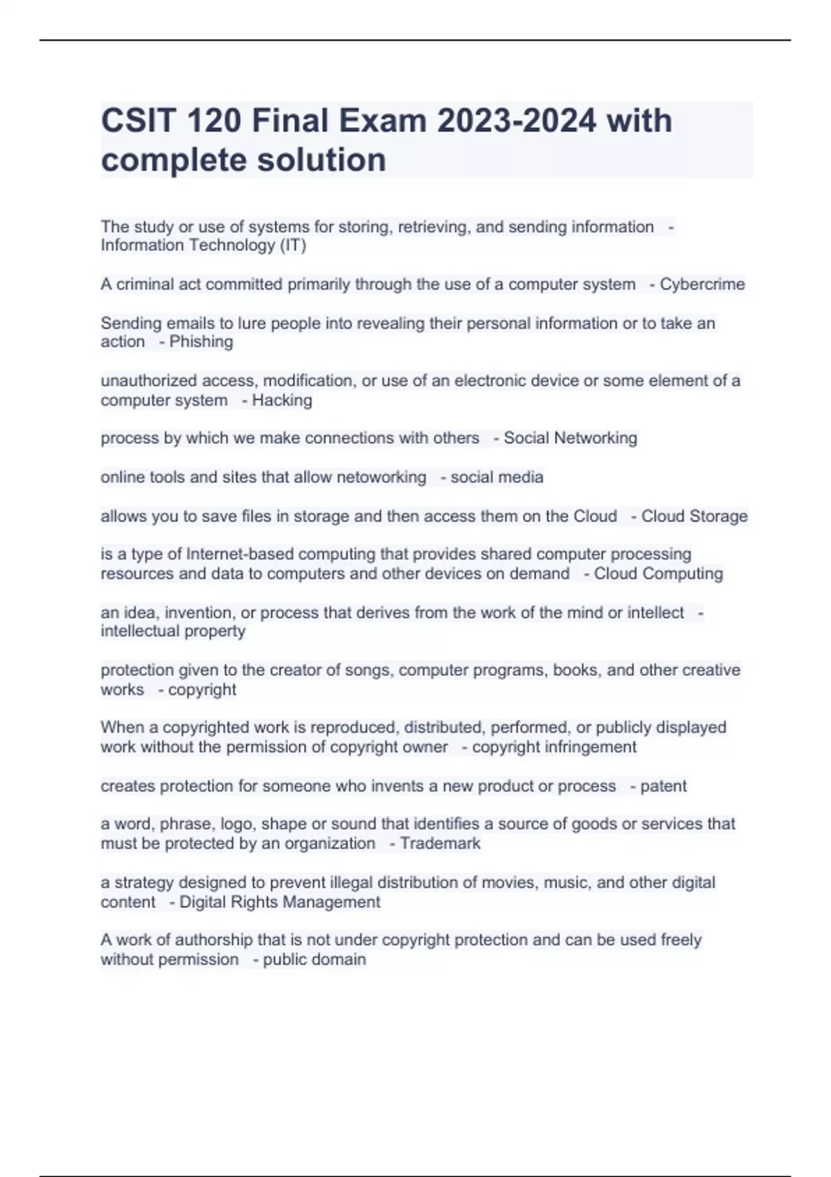 CSIT 120 Final Exam with complete solution - CSIT - Stuvia US