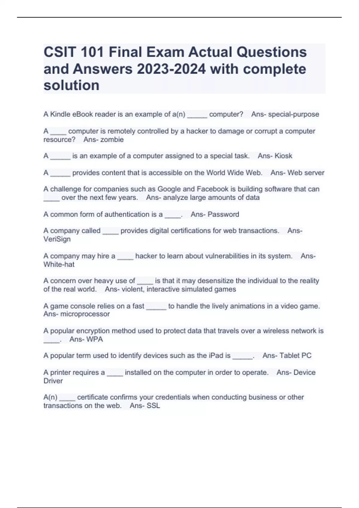 CSIT 101 Final Exam Actual Questions and Answers with complete solution - CSIT - Stuvia US