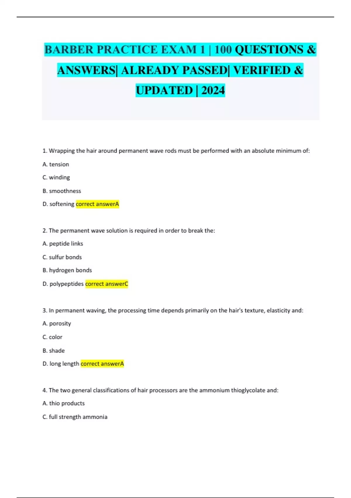 BARBER PRACTICE EXAM 1 | 100 QUESTIONS & ANSWERS| ALREADY PASSED ...