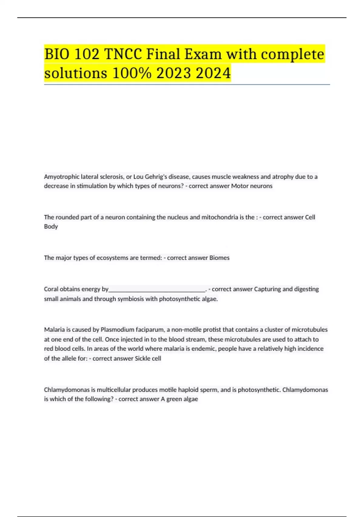 BIO 102 TNCC Final Exam with complete solutions 100% - TNCC - Stuvia US