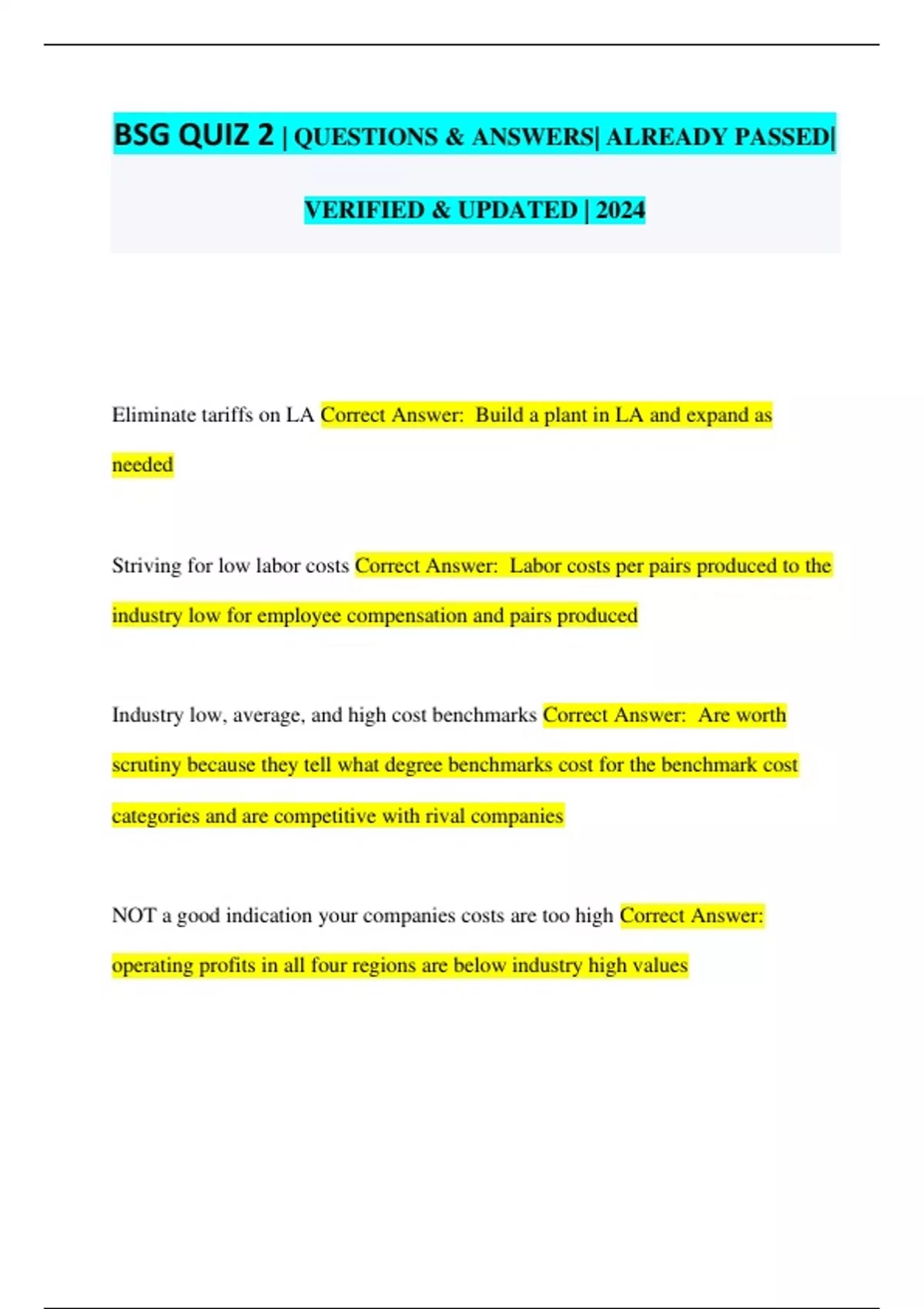 BSG QUIZ 2 | QUESTIONS & ANSWERS| ALREADY PASSED| VERIFIED & UPDATED ...