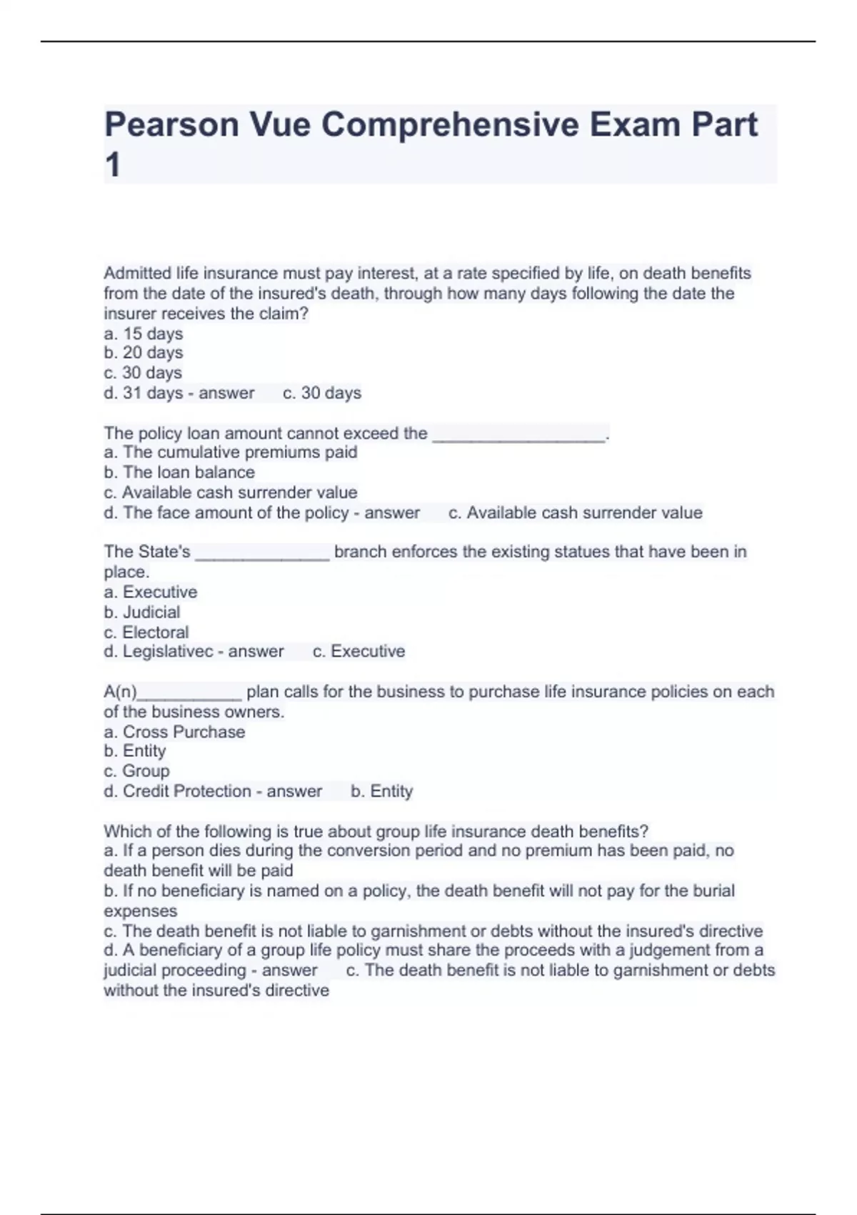 Pearson Vue Comprehensive Exam Part 1 Questions And Answers 2023