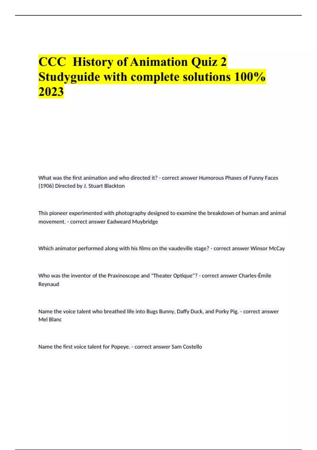CCC History of Animation Quiz 2 Studyguide with complete solutions 100% ...