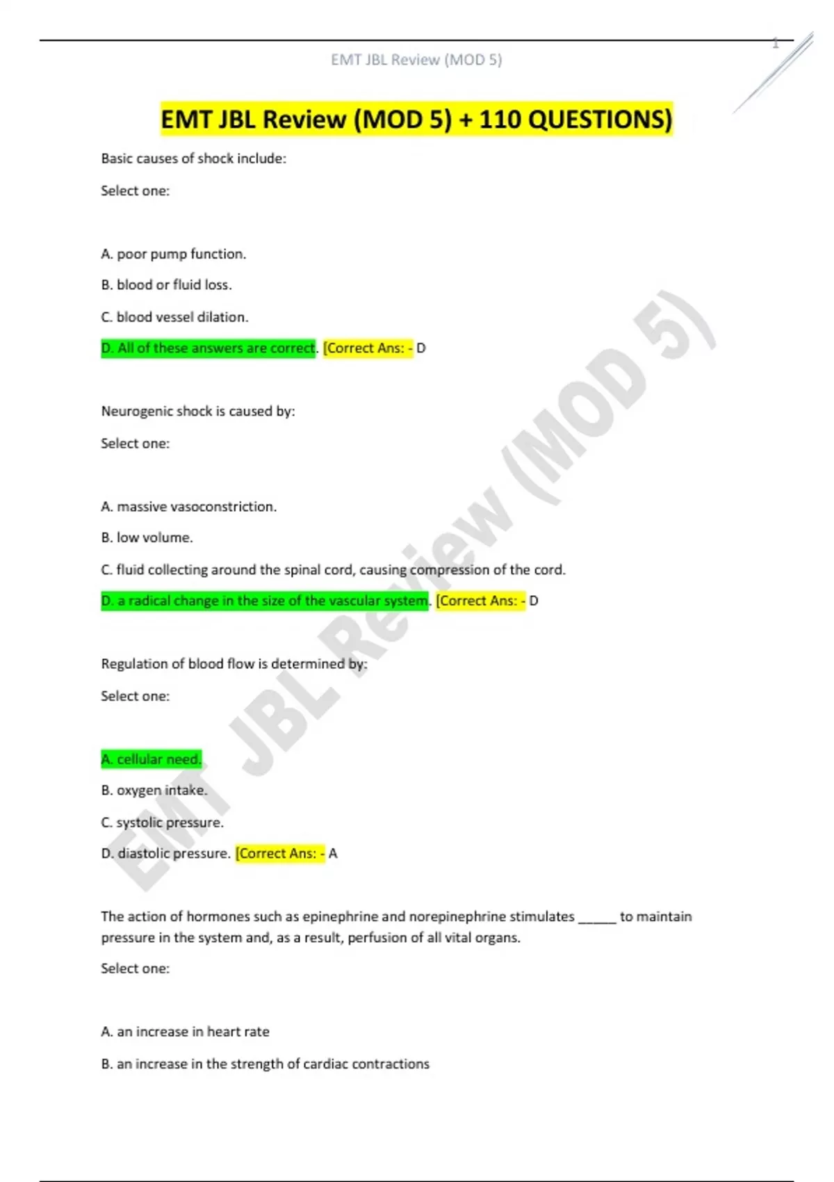 EMT JBL Review (MOD 5) + 110 QUESTIONS With Complete Solutions /Verified Answers /Guarantee Pass ...