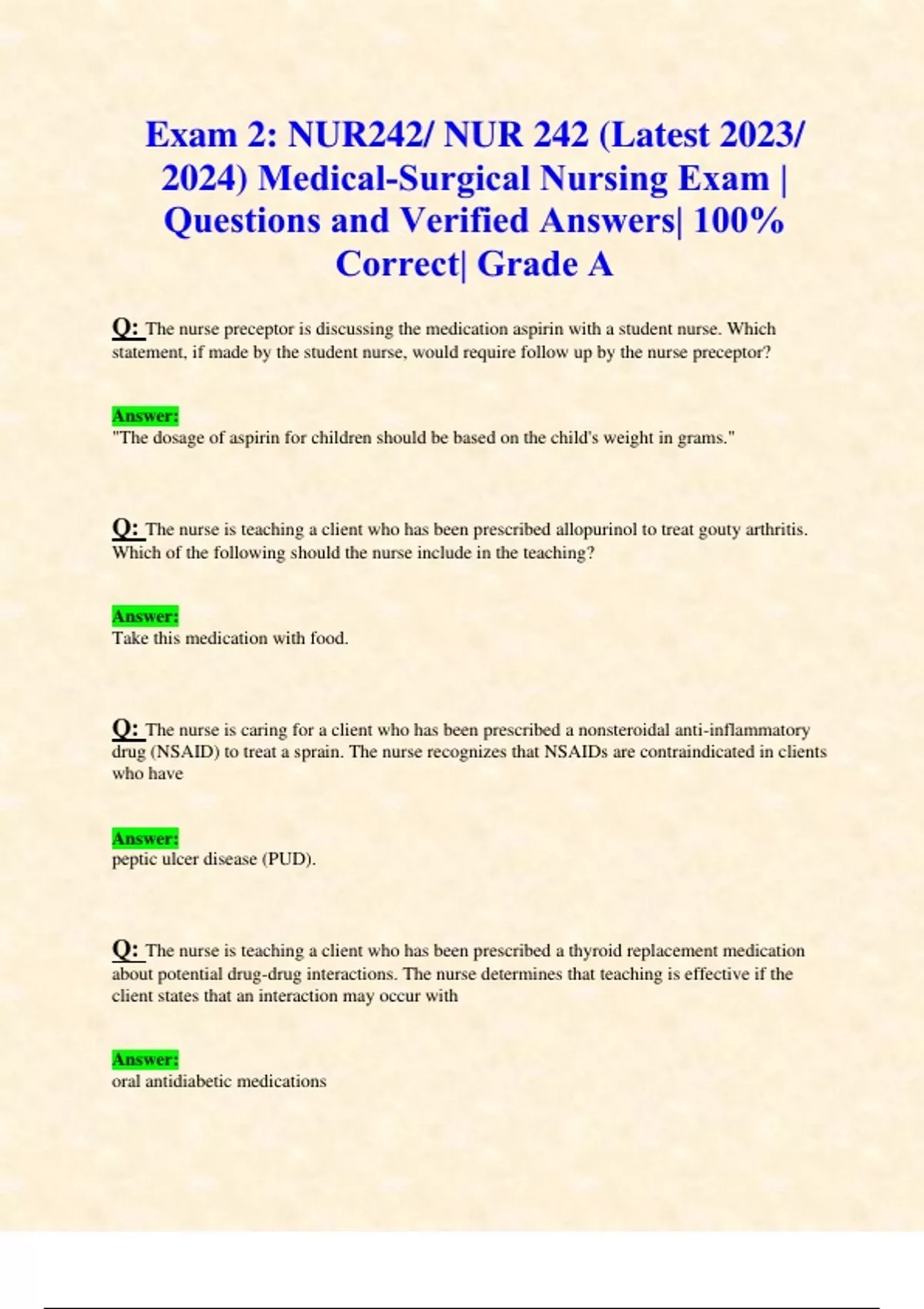 Exam 2: NUR242/ NUR 242 (Latest 2023/ 2024) Medical-Surgical Nursing ...