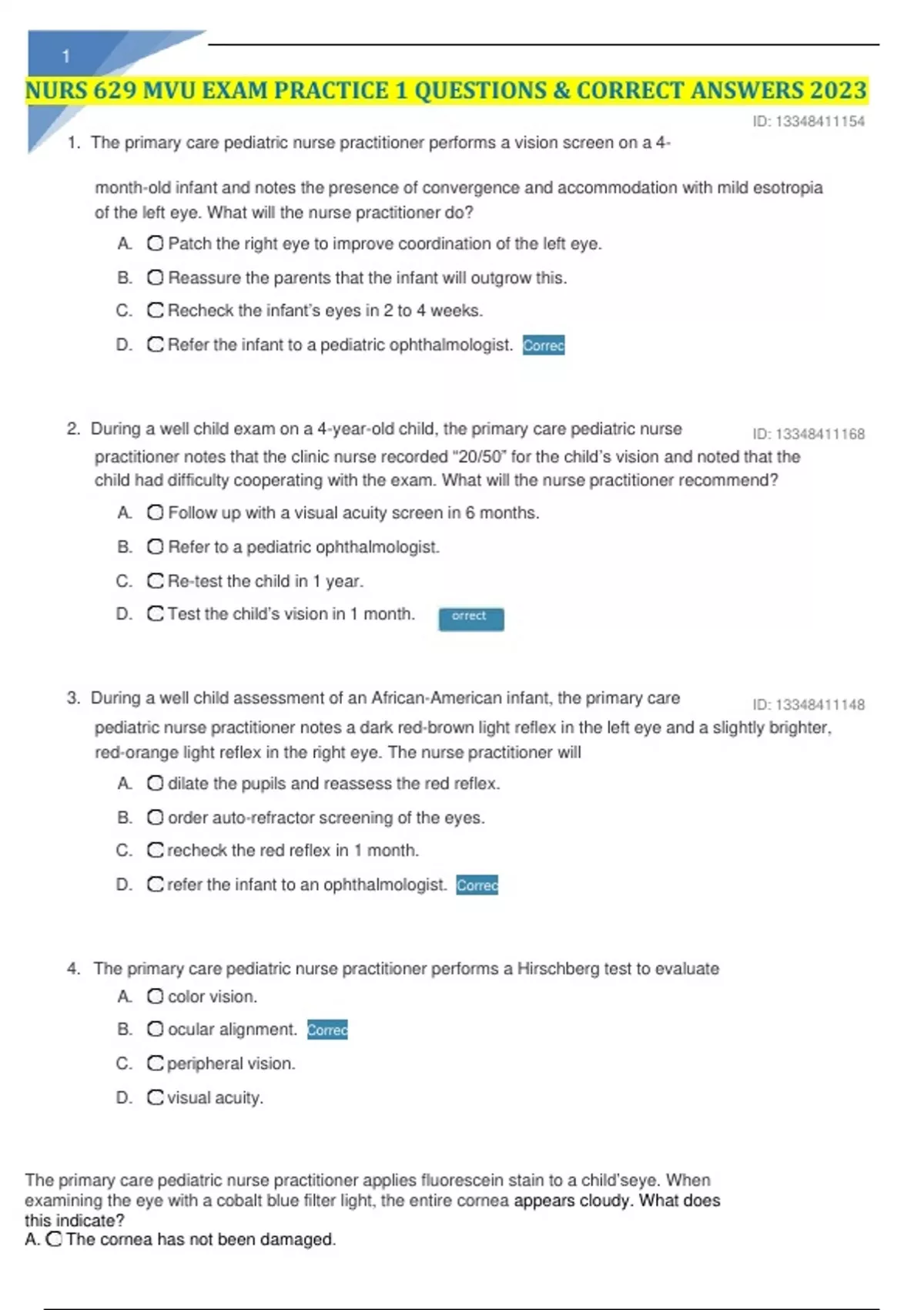 NURS 629 MVU EXAM PRACTICE 1 QUESTIONS & CORRECT ANSWERS 2023 - NURS ...